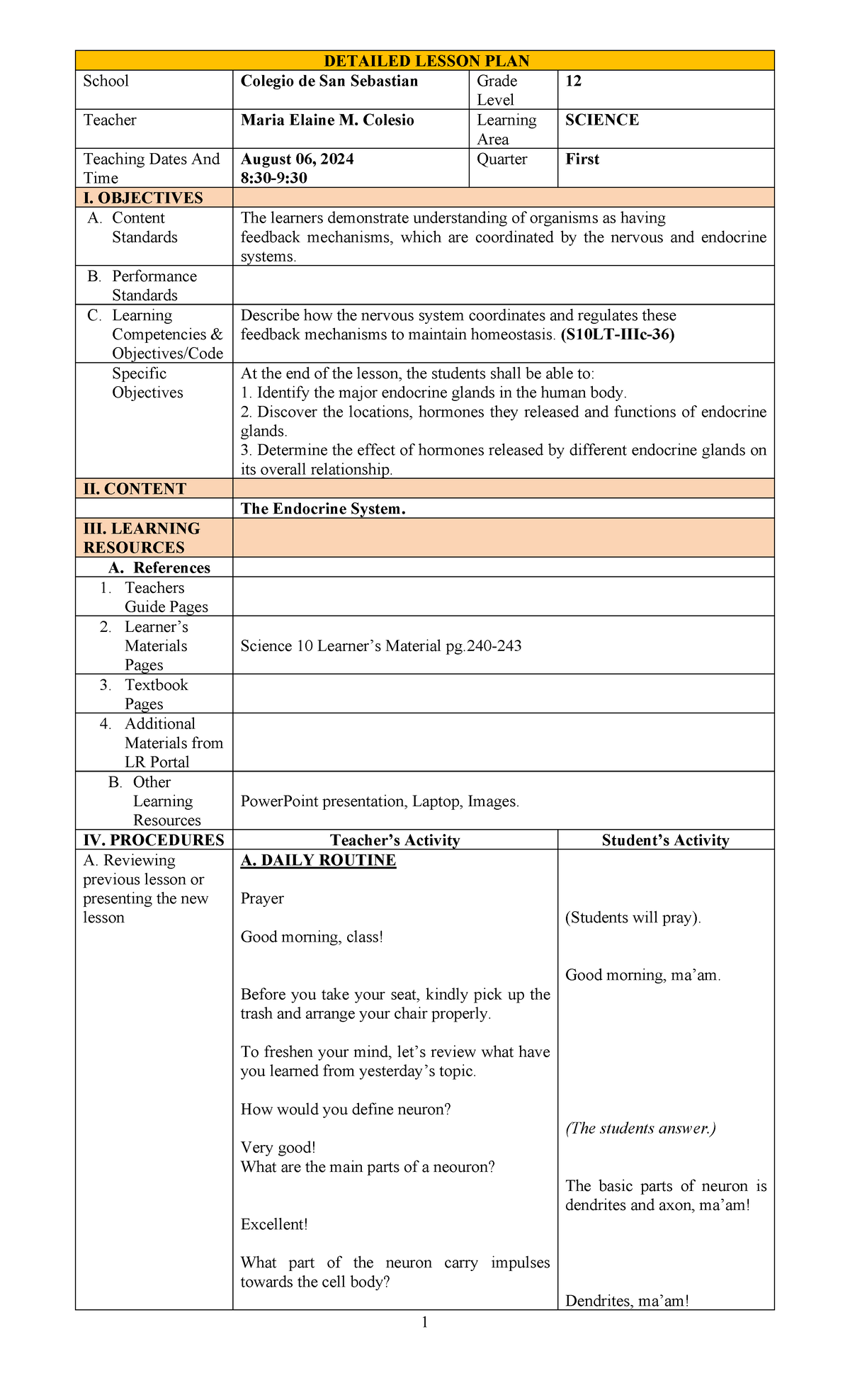Endocrine System Summary - Lesson Plan for Sci 12 Teacher Education ...