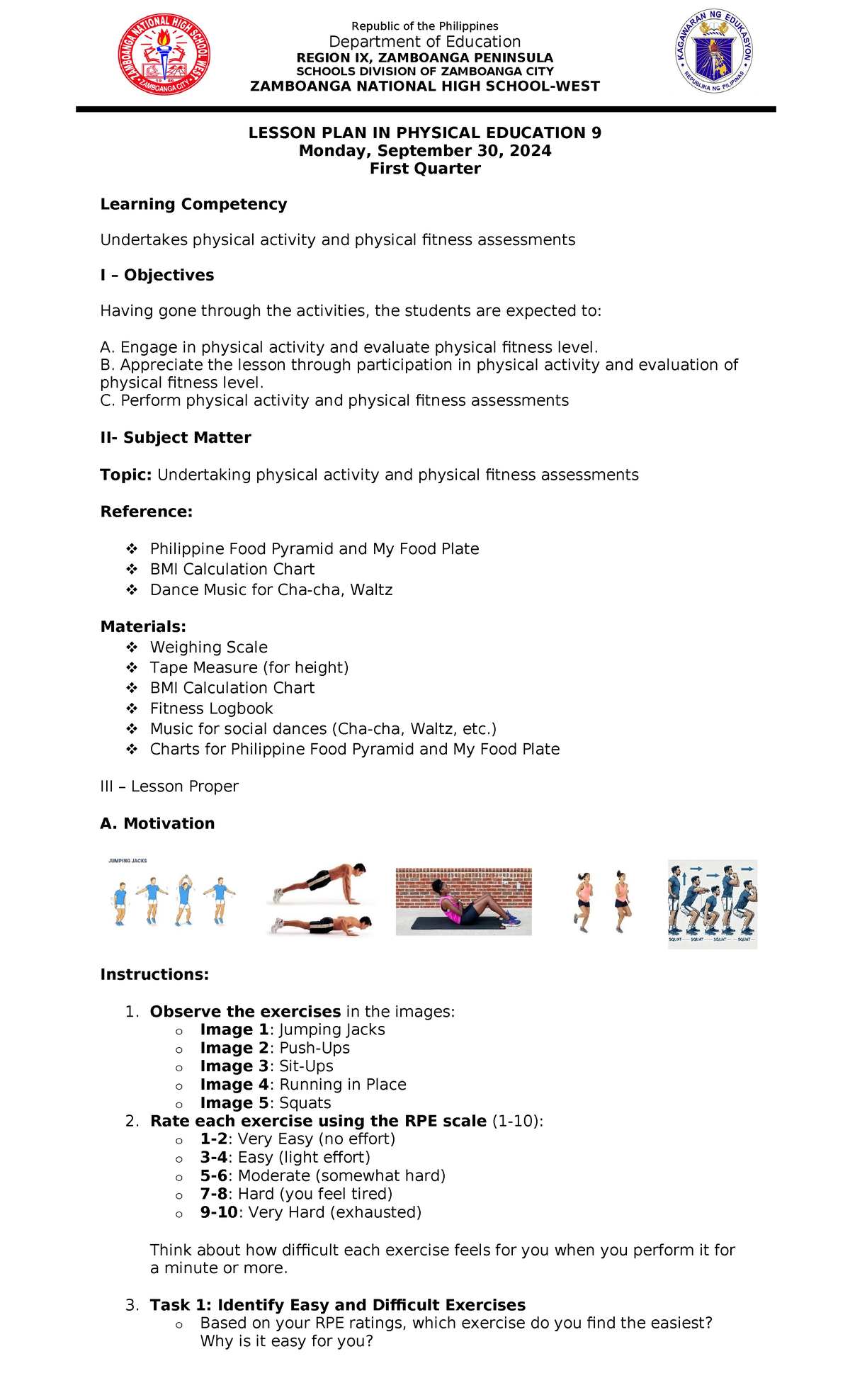 PE 9 Lesson Plan: Physical Activity & Fitness Assessments (2nd Qtr ...