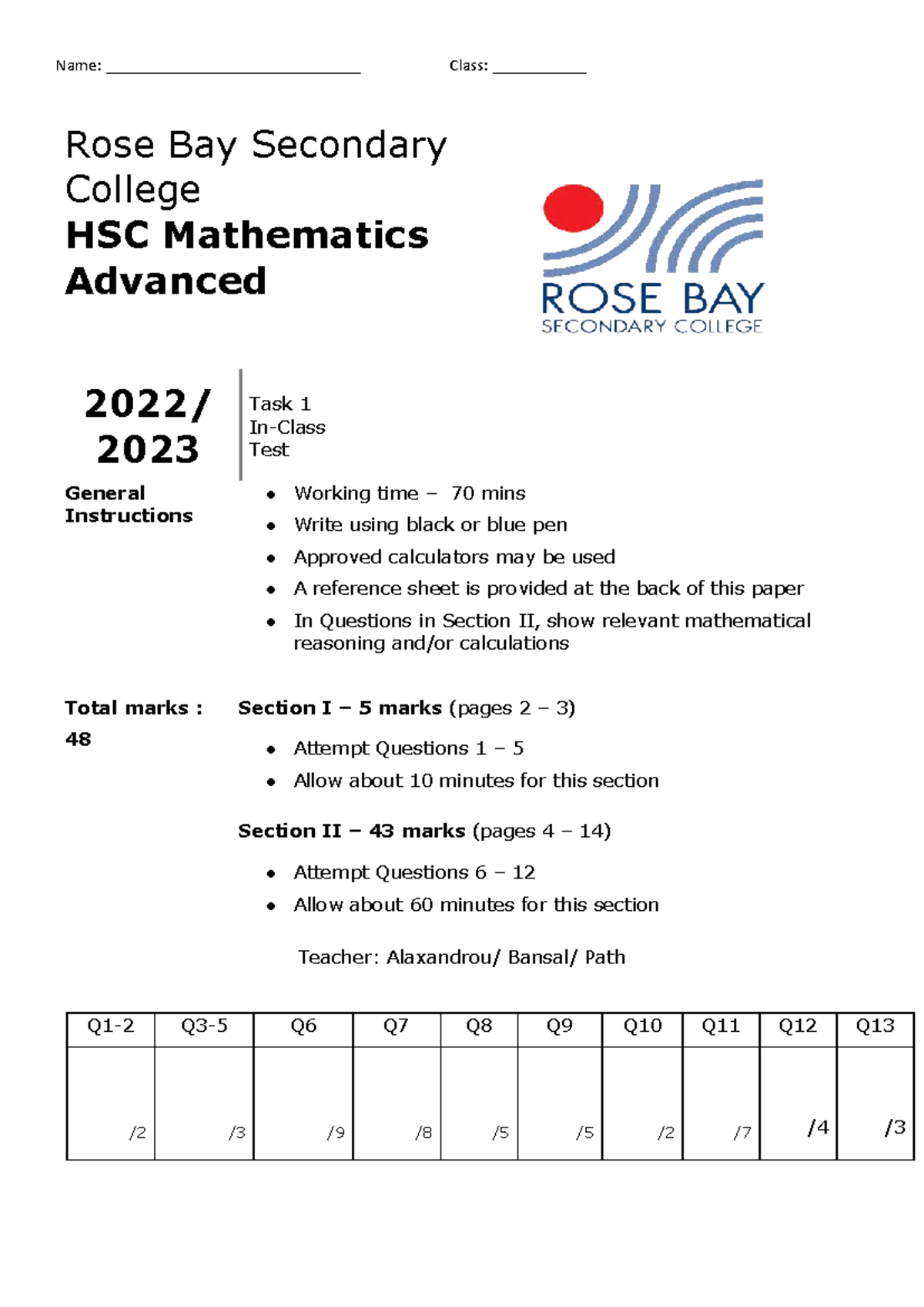 2023 HSC Mathematics Advanced Task 1 Exam & Solutions - Studocu