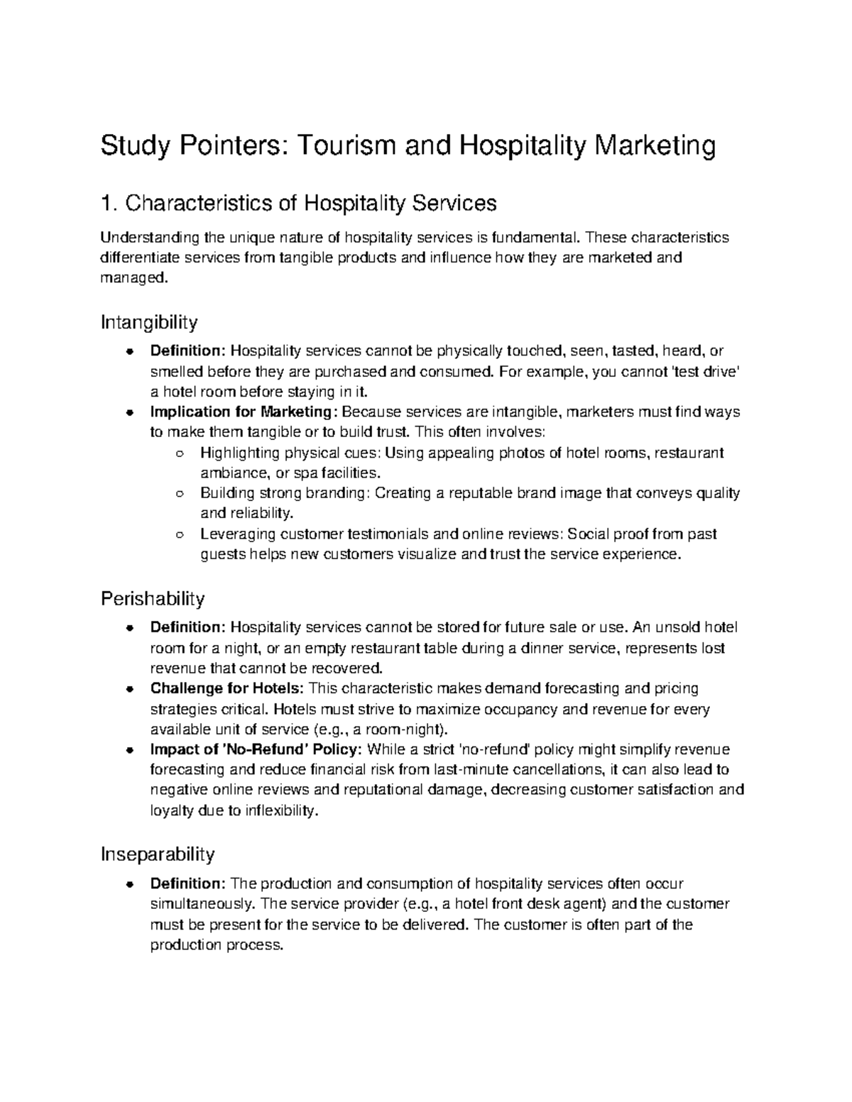 Study Pointers: THM 101 - Key Concepts in Hospitality Marketing - Studocu
