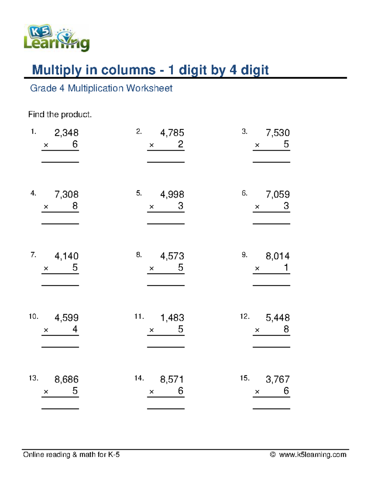 Grade 4 multiply columns 1 digit 4 digit b - Online reading & math for ...