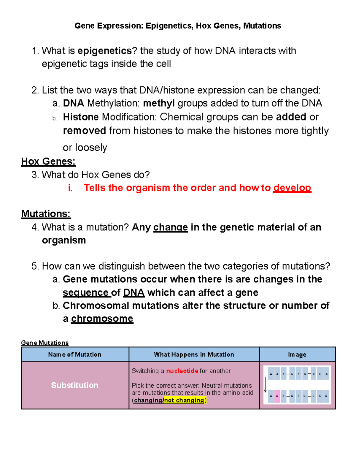 Gene Expression and Mutations: Epigenetics, Hox Genes, Key Concepts ...