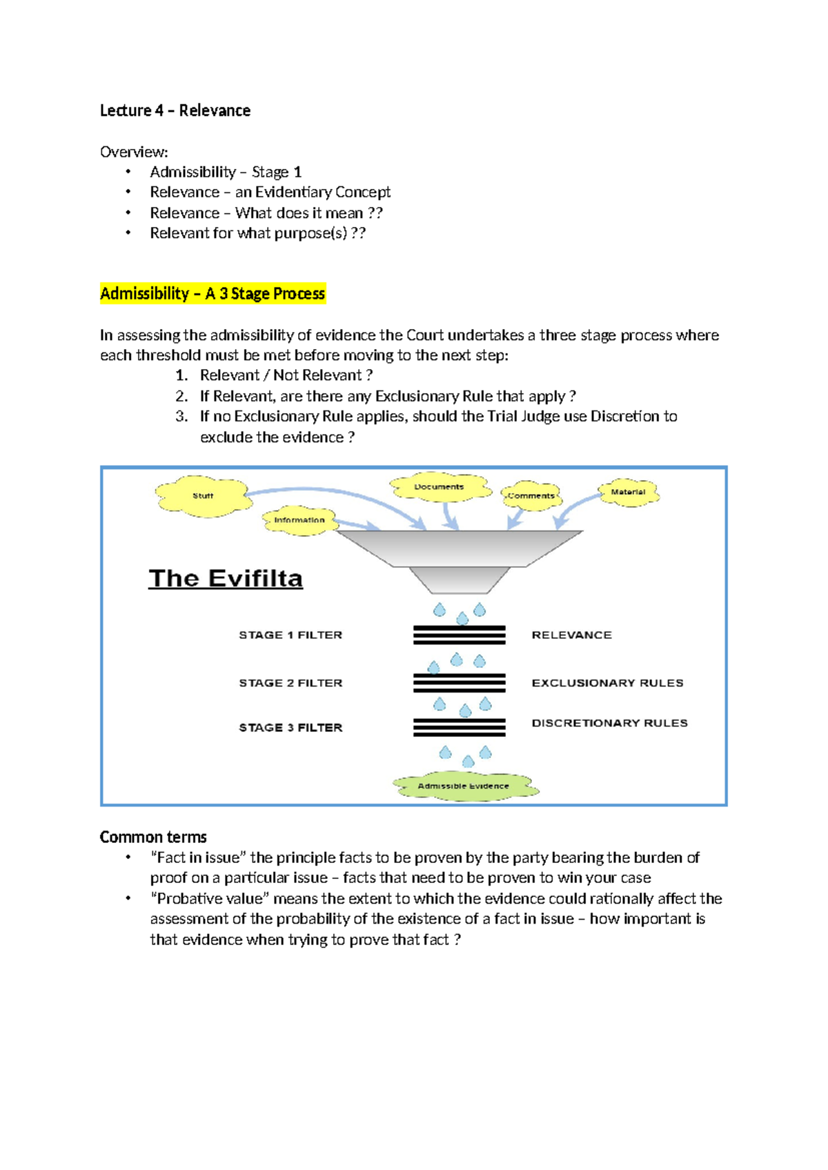 Evidence Lecture 4: Overview of Relevance and Admissibility (Stage 1 ...