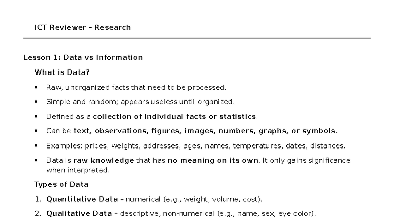 📘 ICT Reviewer - Research Lesson 1: Data vs Information Insights - Studocu