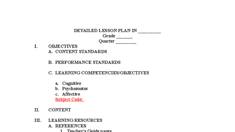 Detailed Lesson Plan Template for Grade II: Objectives & Procedures ...