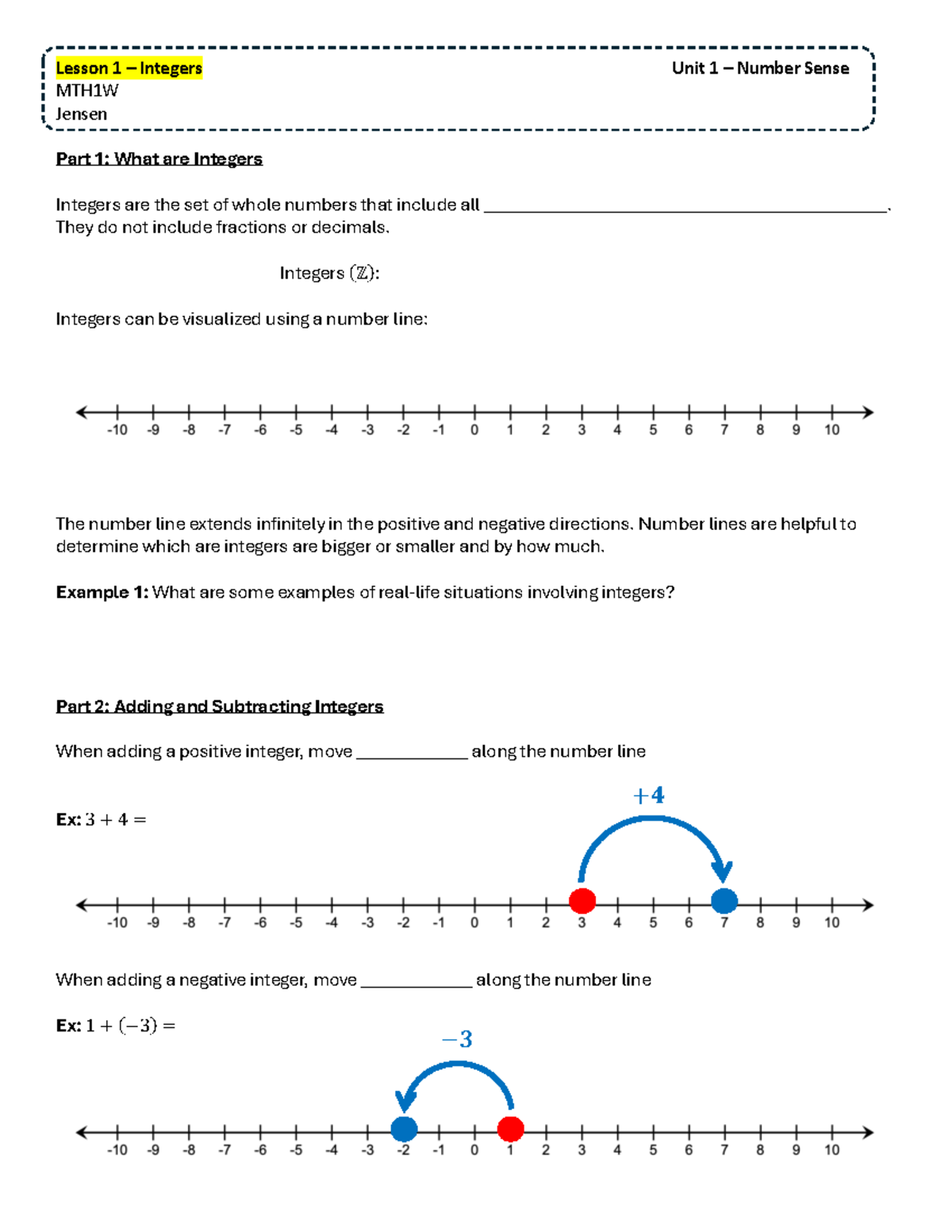 Lesson 1: Understanding Integers in MTH1W - Unit 1 Number Sense - Studocu