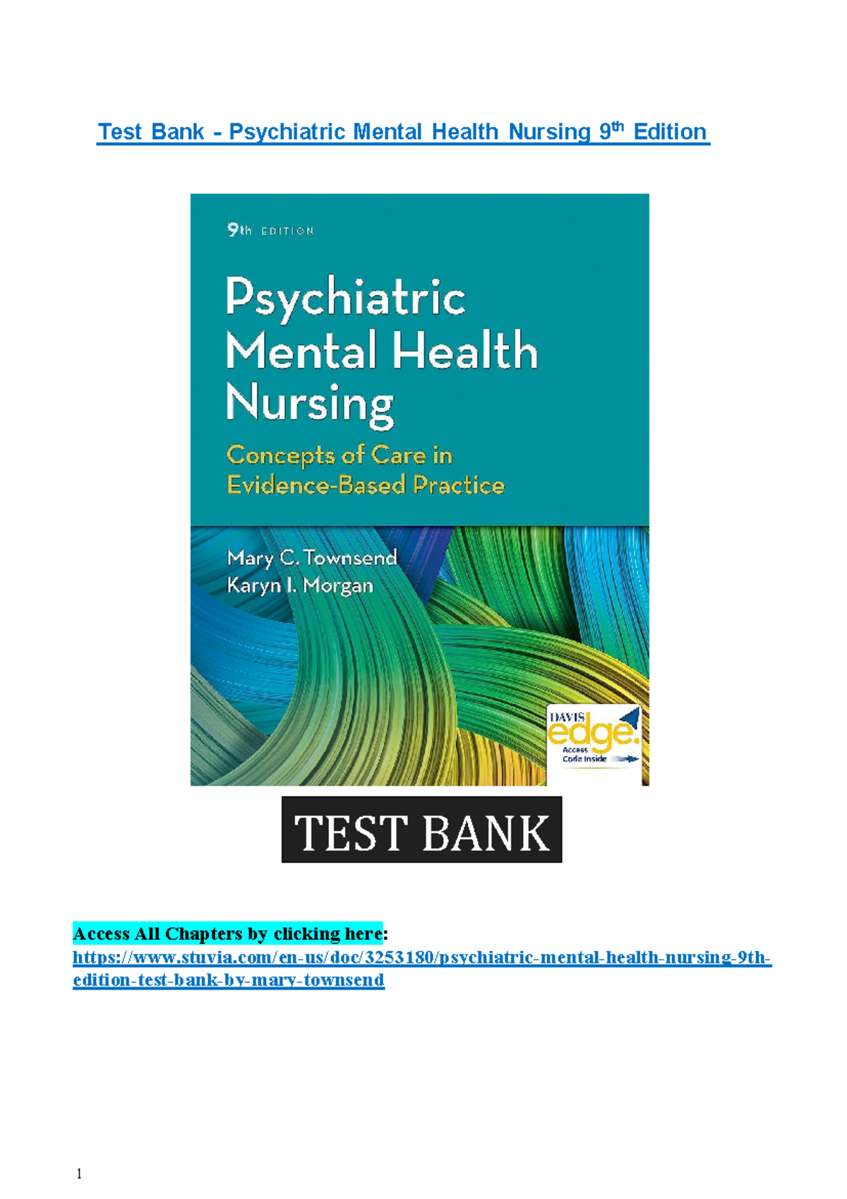 Psychiatric Mental Health Nursing 9th Ed. Test Bank - All Chapters ...