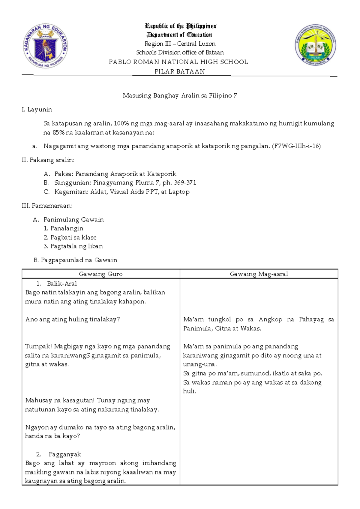 DLP-Final Lesson on Anaporik at Kataporik sa Filipino 7 - Studocu