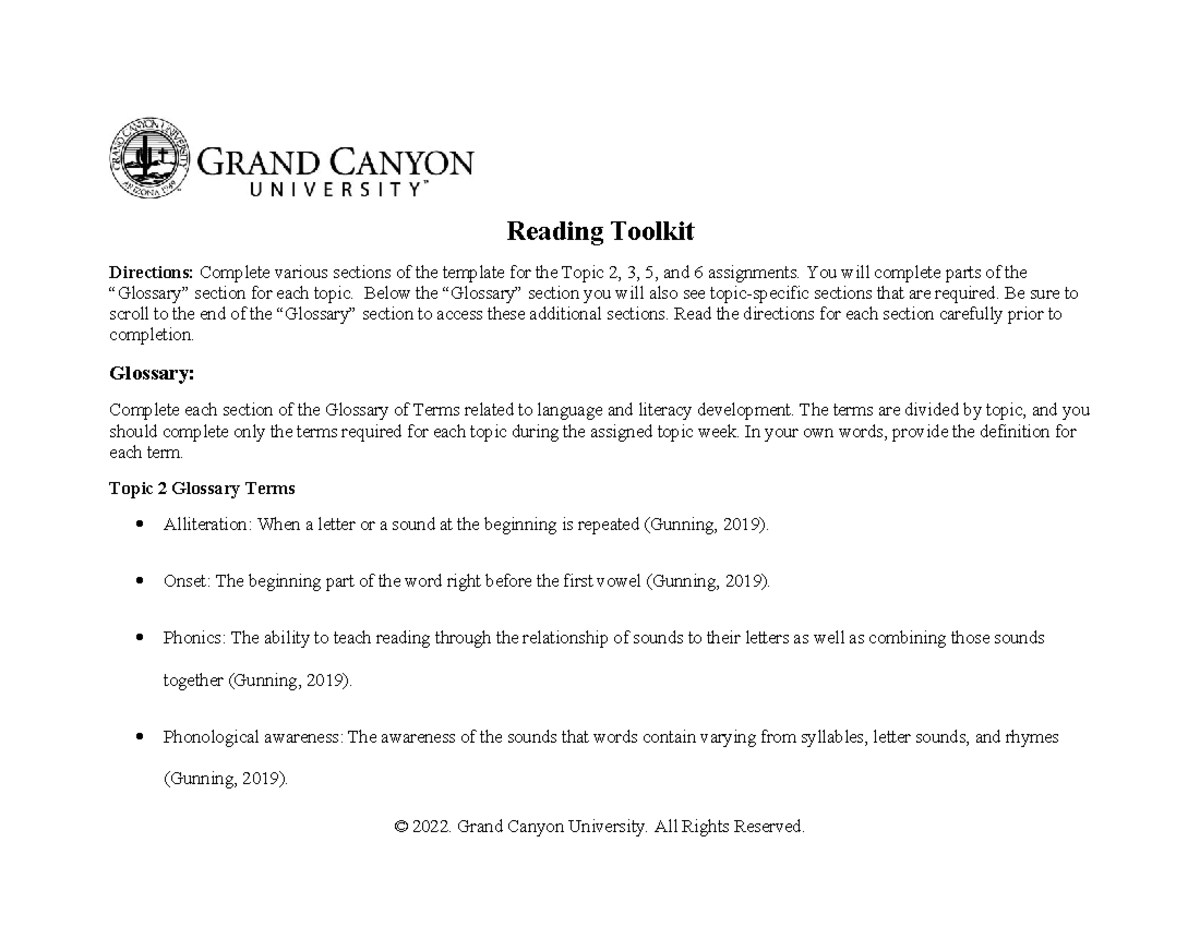 ELM-315 RS: Comprehensive Reading Toolkit Directions and Glossary - Studocu