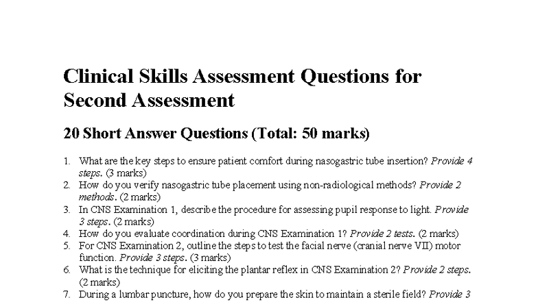 OSCE Clinical Skills Assessment Questions for 2nd Assessment - Studocu