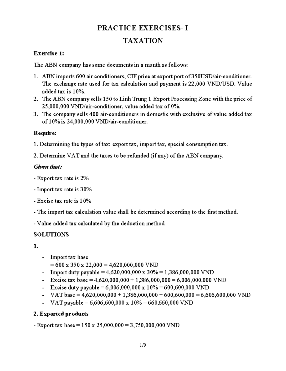 Practice Exercises Taxation PART I - PRACTICE EXERCISES- I TAXATION ...