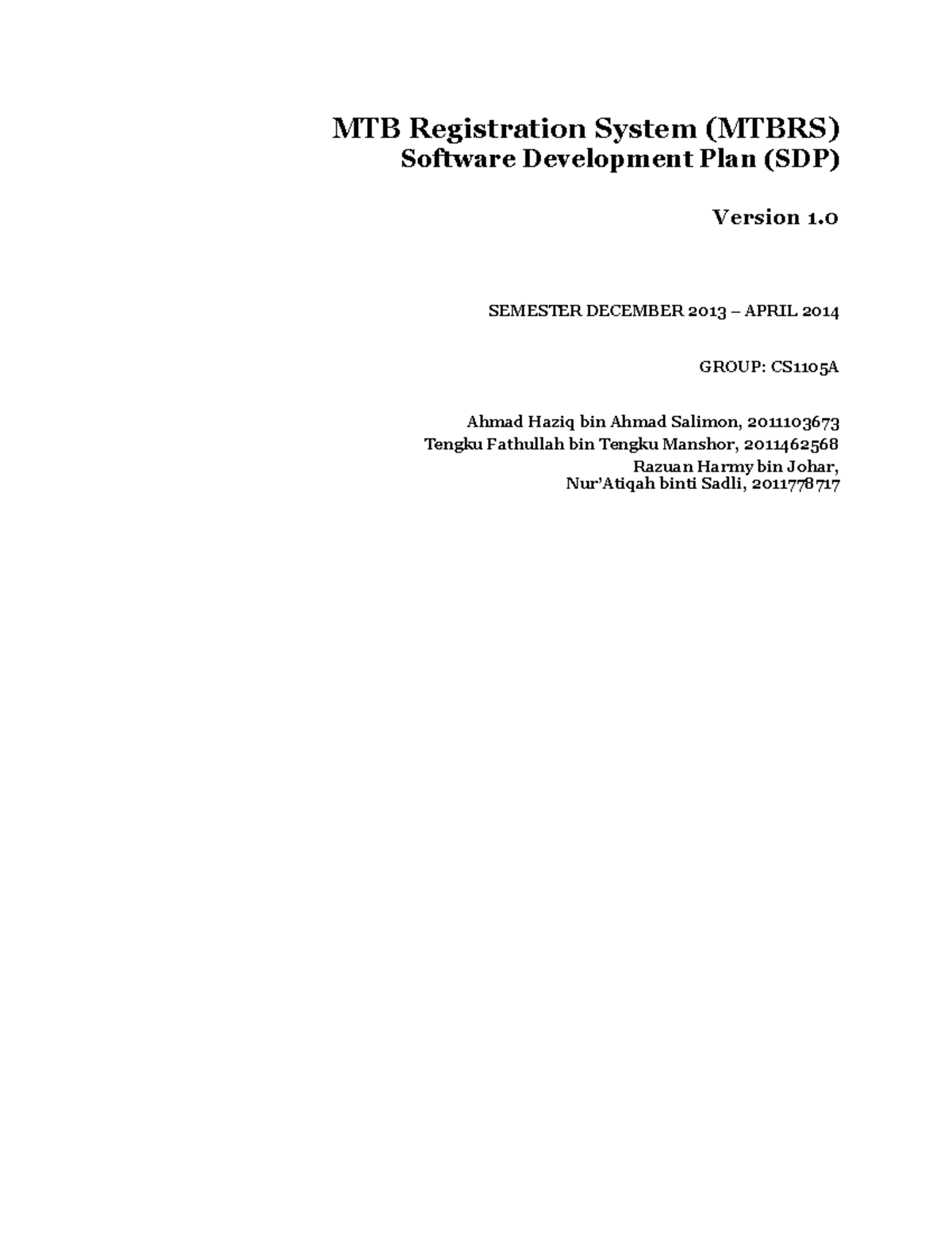 MTB Registration System (MTBRS) Software Development Plan (SDP) v1.0 ...
