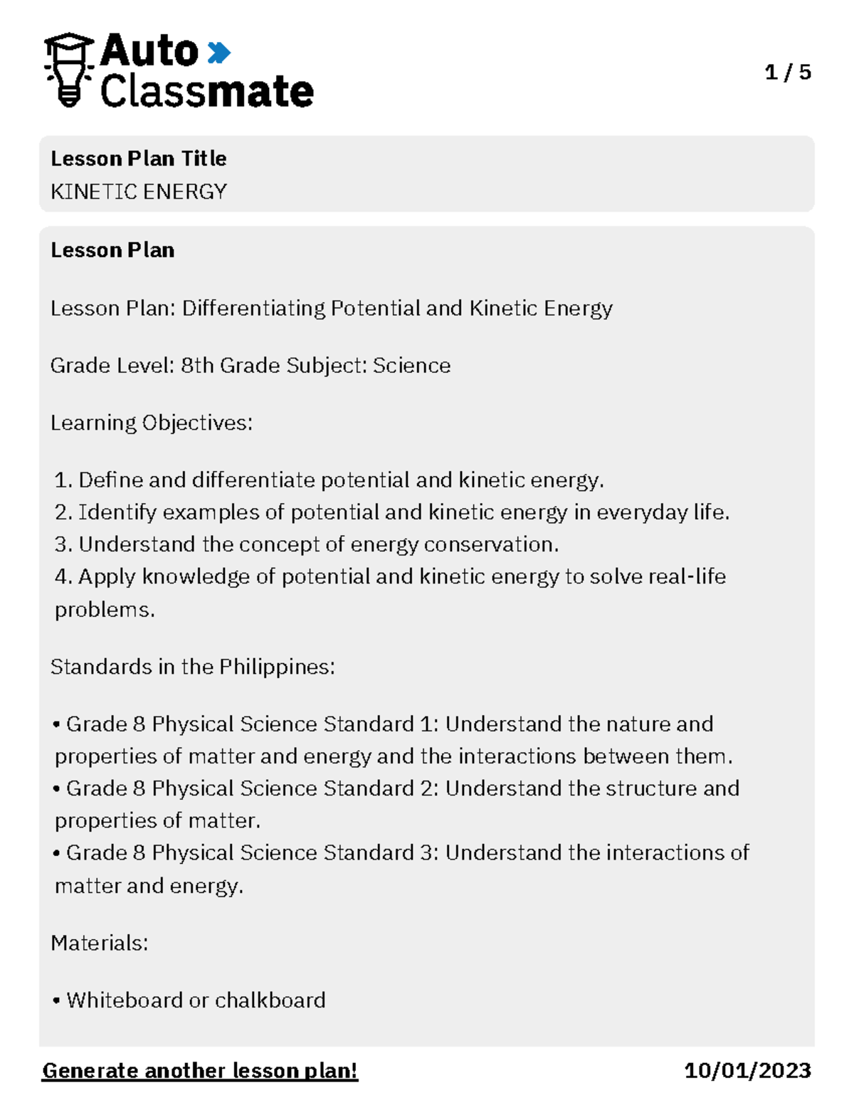 Kinetic Energy Lesson Plan for 8th Grade Science Class - Studocu