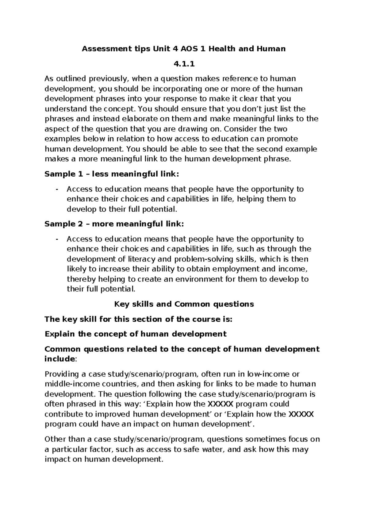 Assessment Tips for Unit 4 AOS 1: Health & Human Development - Studocu