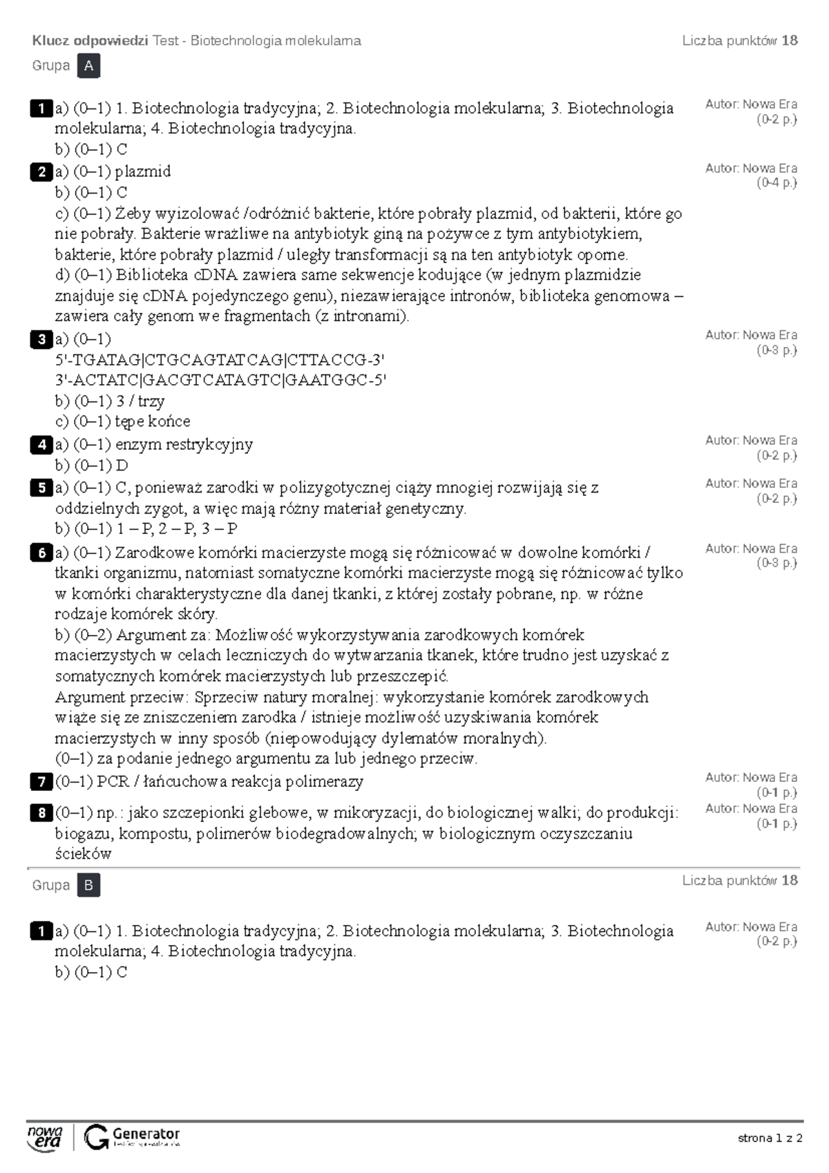 Klucz odpowiedzi Test - Biotechnologia Molekularna (18 pkt) - Studocu