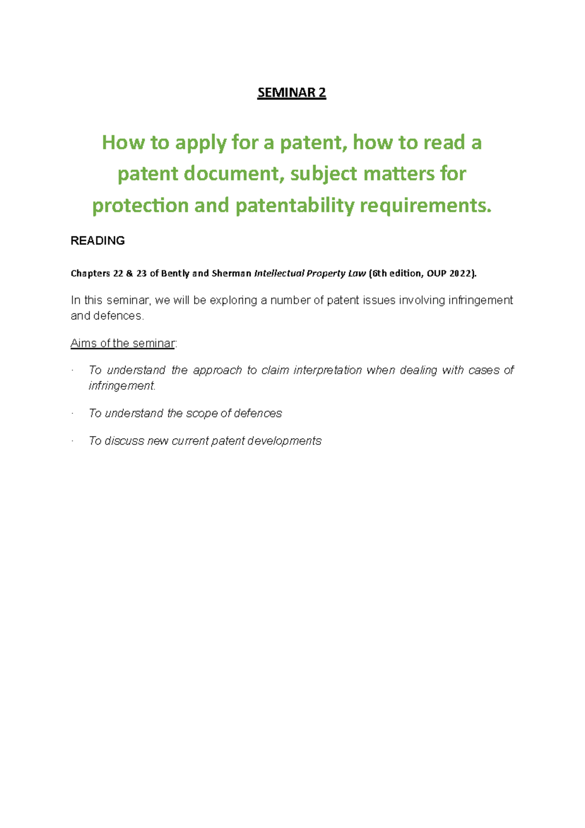 IP Semester 2 Seminar 2 - Google Docs - SEMINAR 2 How to apply for a patent, how to read a ...