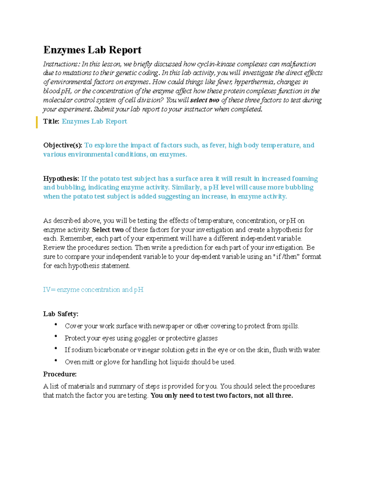 Enzymes Lab Report: Investigating Environmental Effects on Enzyme ...