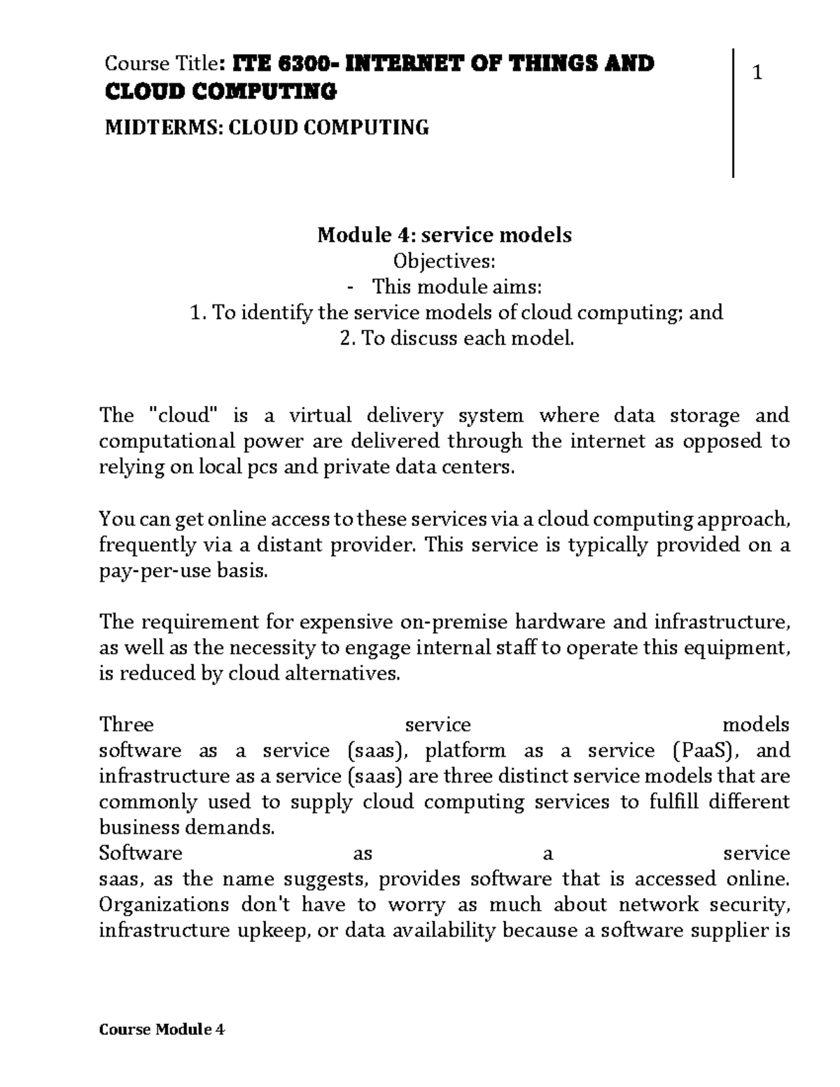 ITE INTERNET OF THINGS AND CLOUD COMPUTING 1 MIDTERMS: Cloud Service ...
