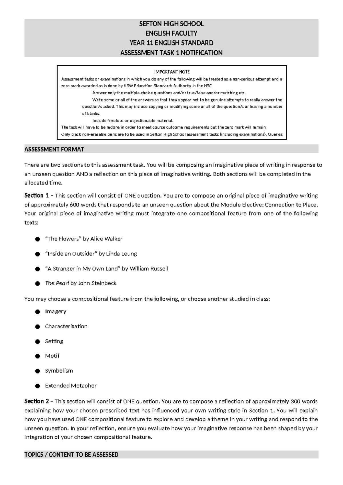 2025 Yr 11 English Std Assessment Task 1: Imaginative Writing ...