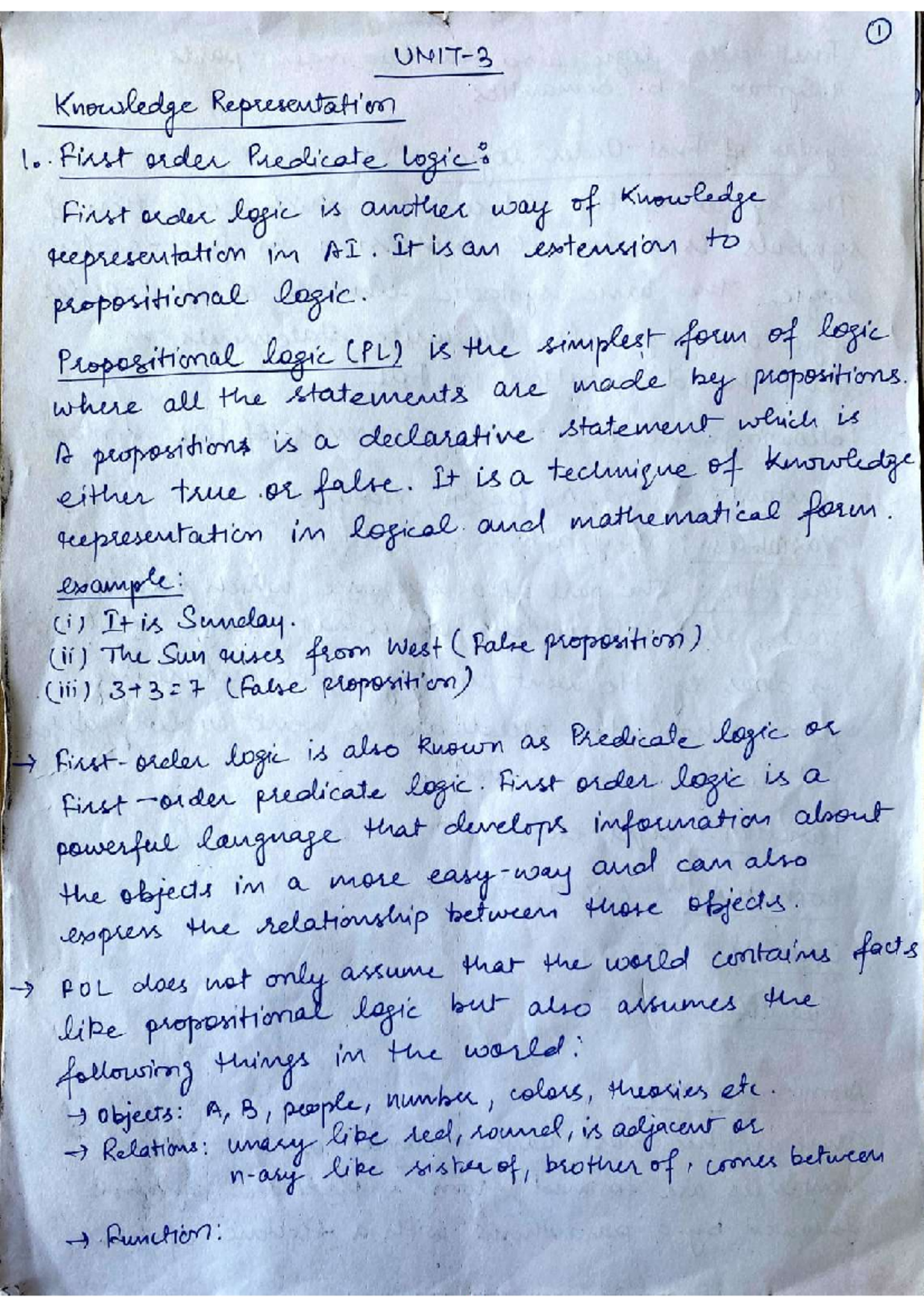 AI U3 Notes - I Knowledge Representation 1. First order Predicate logic ...