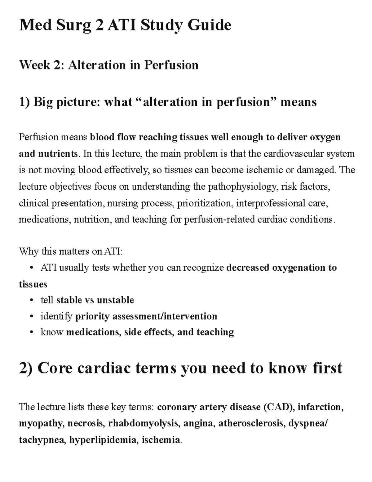 Med Surg 2 ATI Study Guide: Week 2 on Perfusion & CAD Insights - Studocu