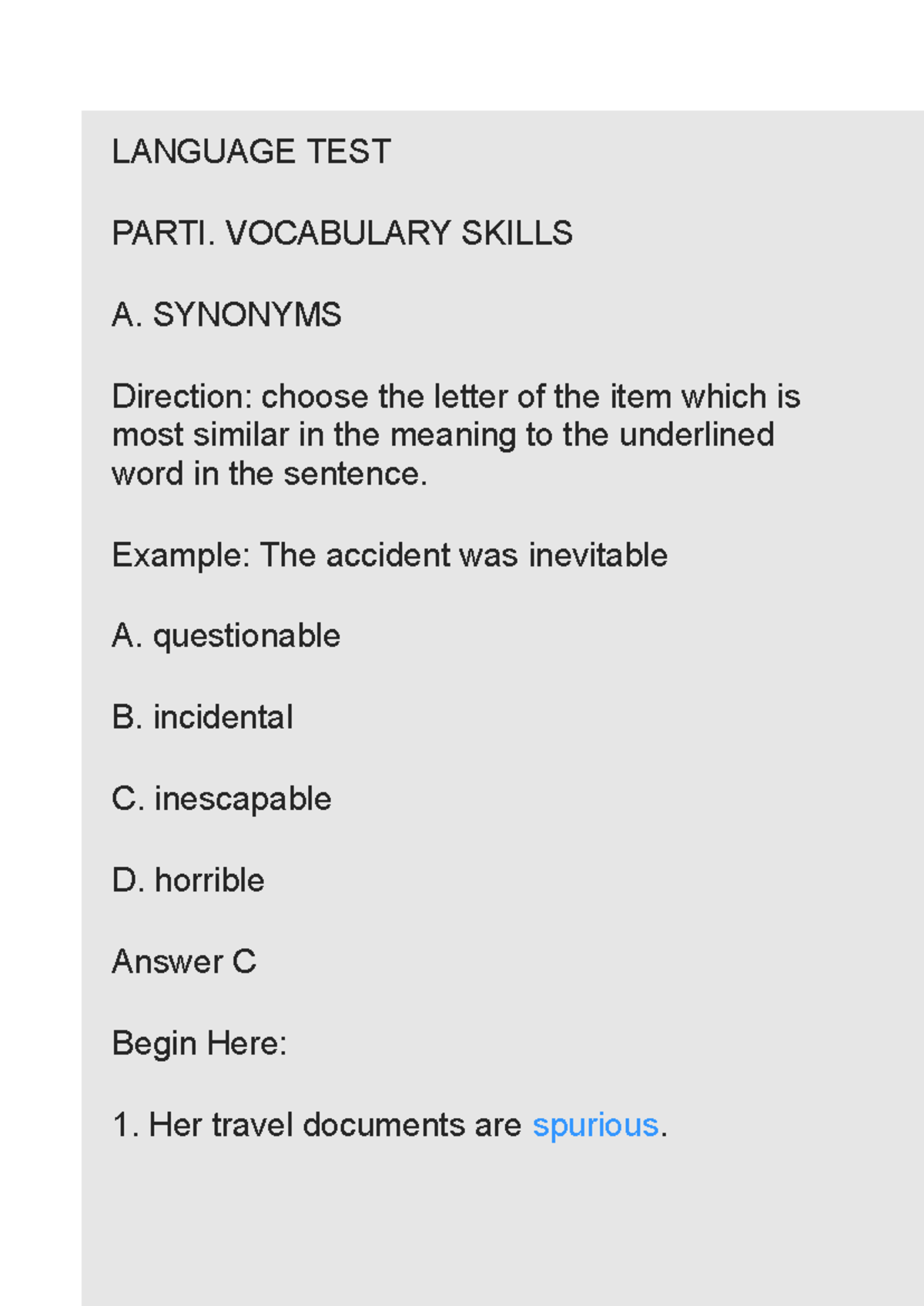 English Language 250421: Vocabulary Skills Test on Synonyms & Antonyms ...