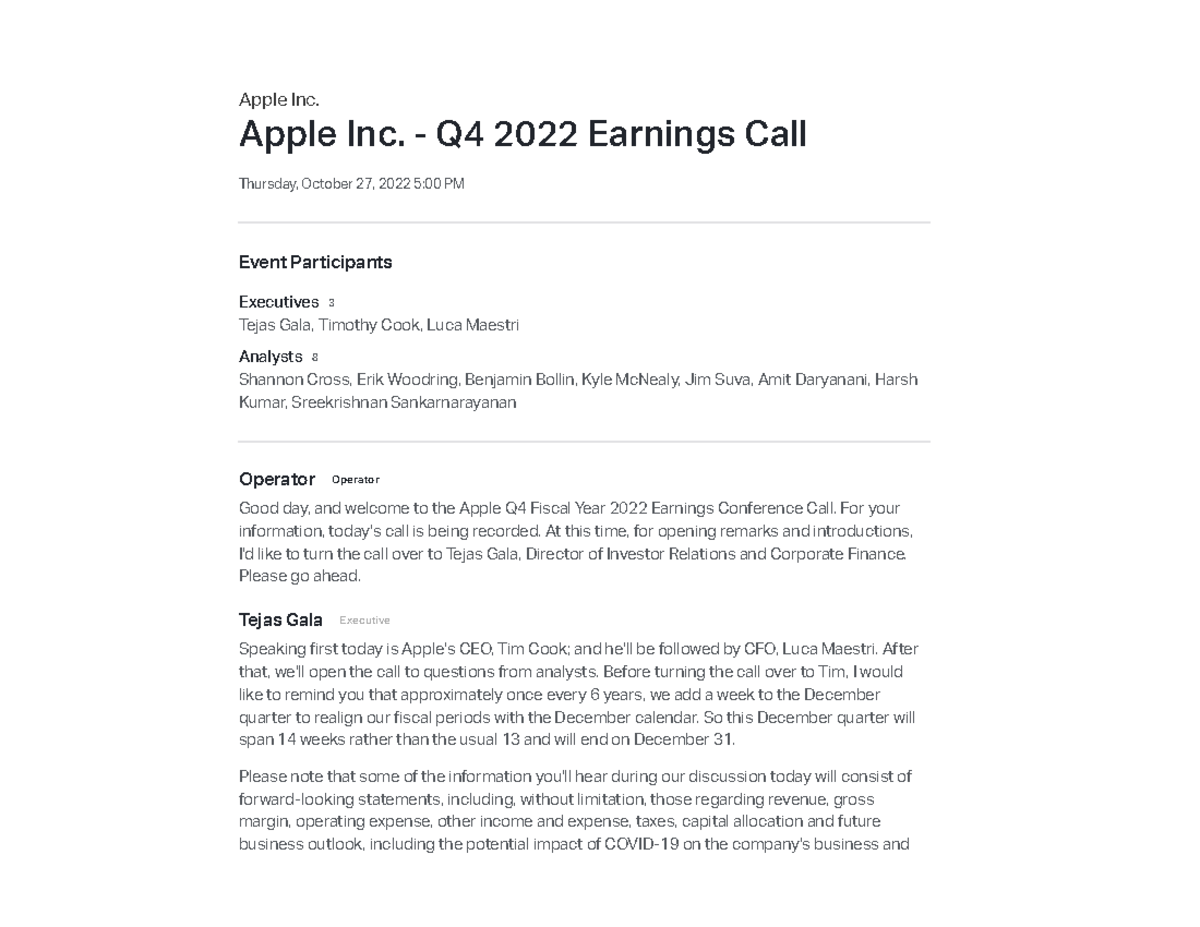 Q4 2022 AAPL - Transcripts - Apple Inc. Apple Inc. - Q4 2022 Earnings ...