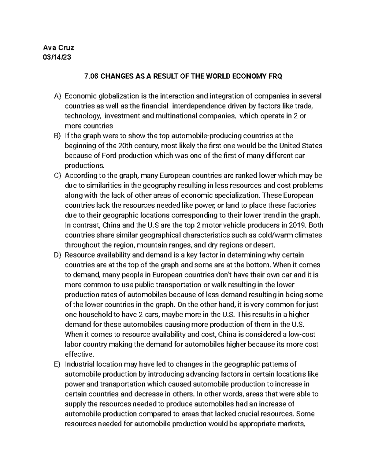 7.06 AP Human Geo - Globalization Impact on Auto Production FRQ - Studocu