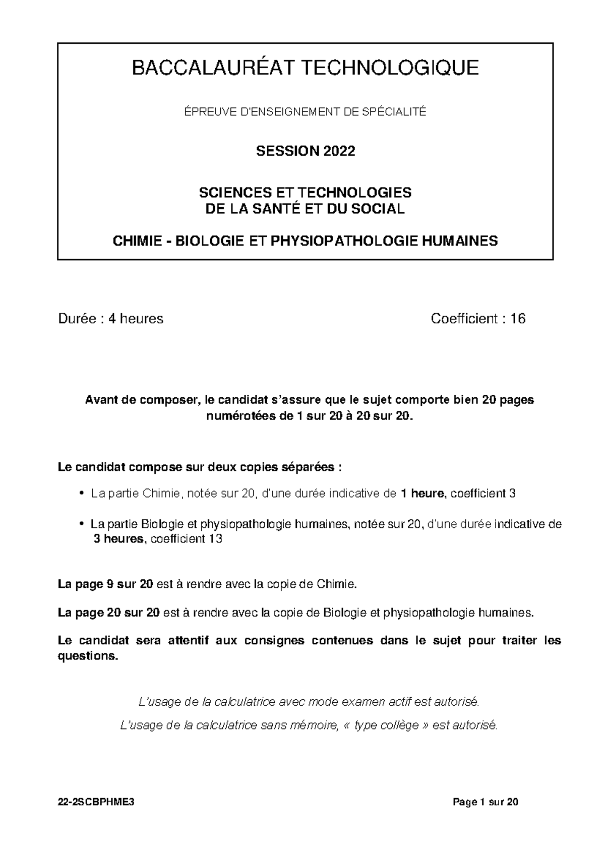 St2s spe chimie bio physiopat humaines 2022 metropole remplacement ...