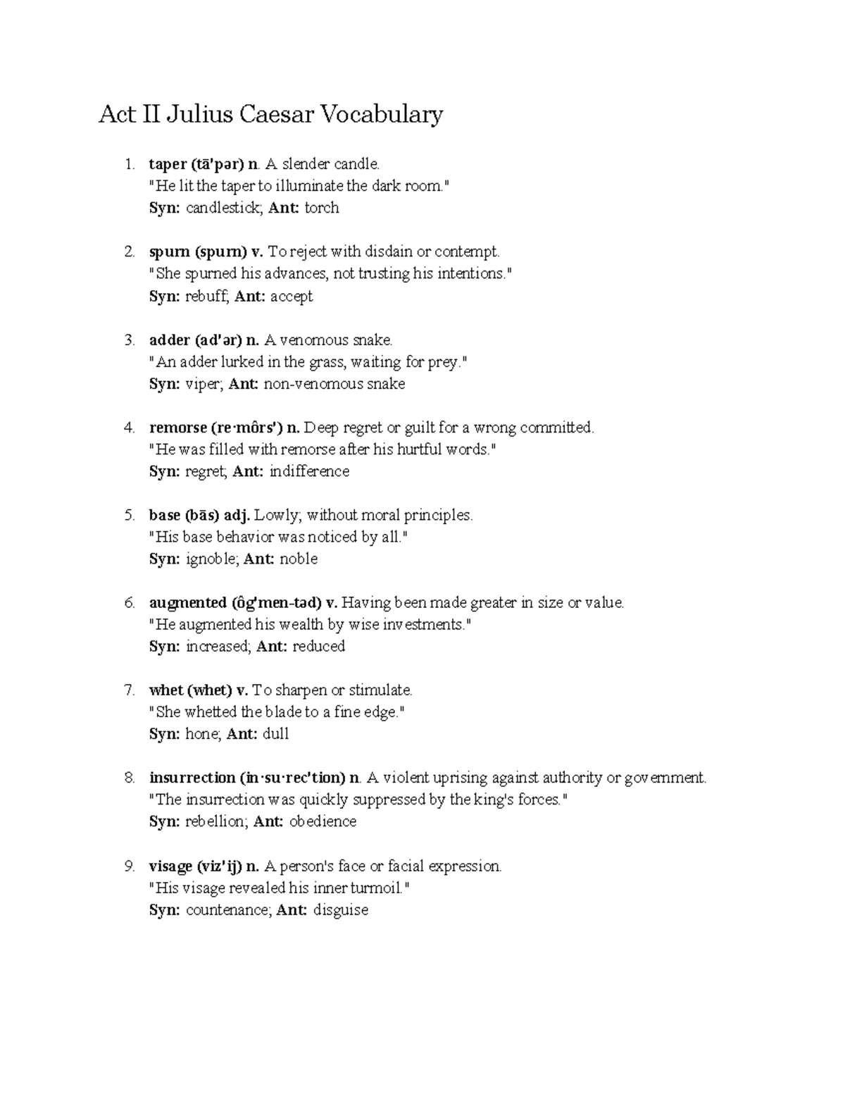 JC Vocab Act 2 - Act II Julius Caesar Vocabulary 1. taper (tā'pər) n. A ...