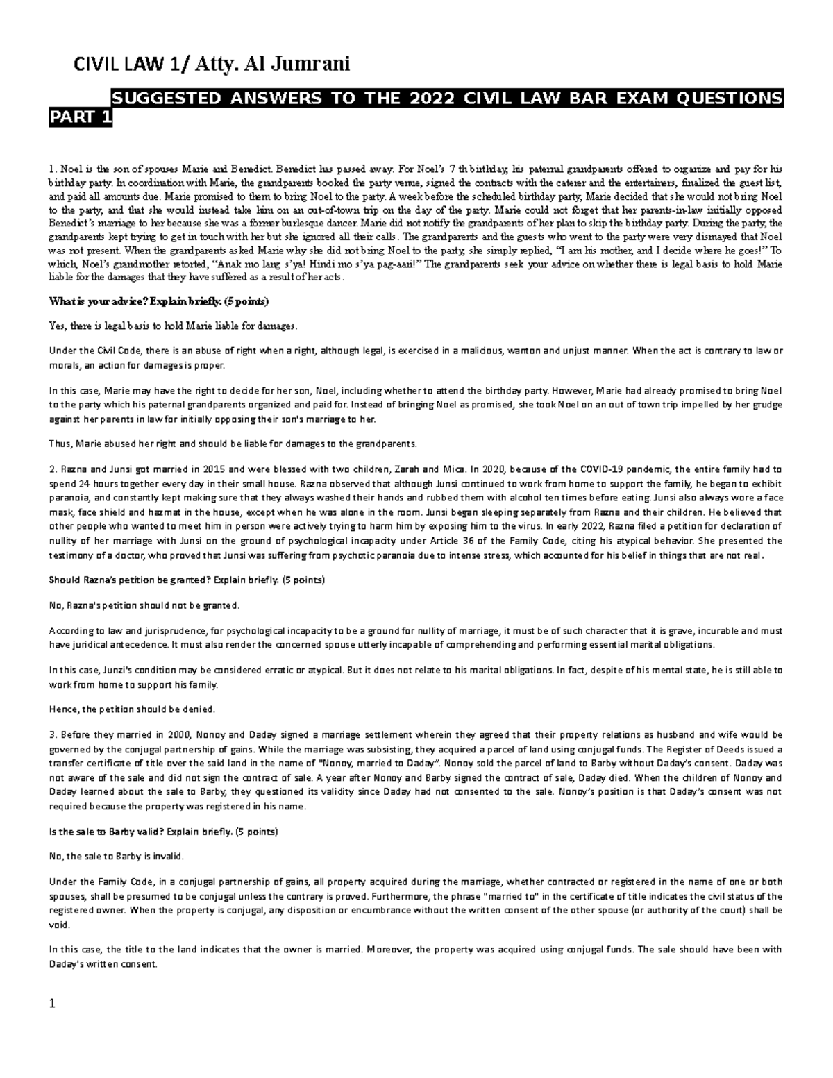 Suggested Answers for 2022 Civil Law Bar Exam Questions - Part 1 - Studocu
