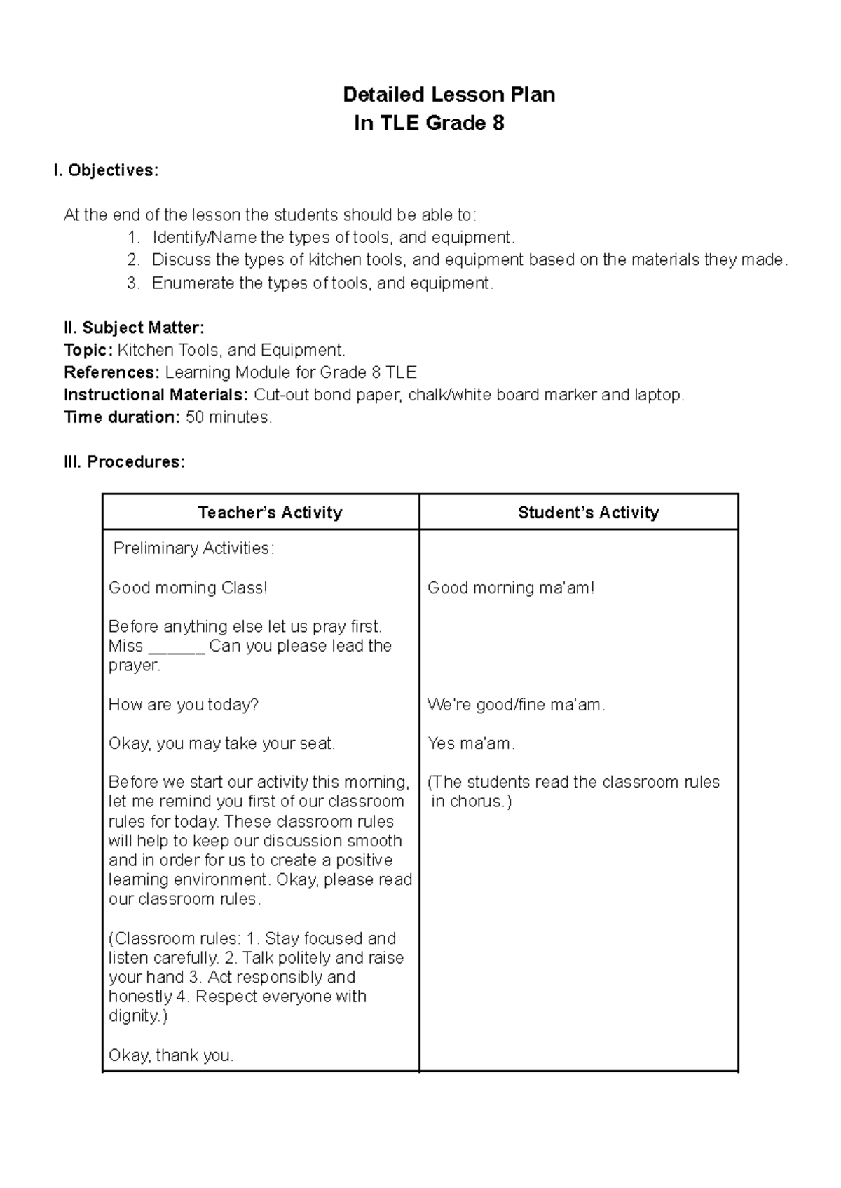Final DLP - Detailed Lesson Plan on Kitchen Tools for TLE Grade 8 - Studocu