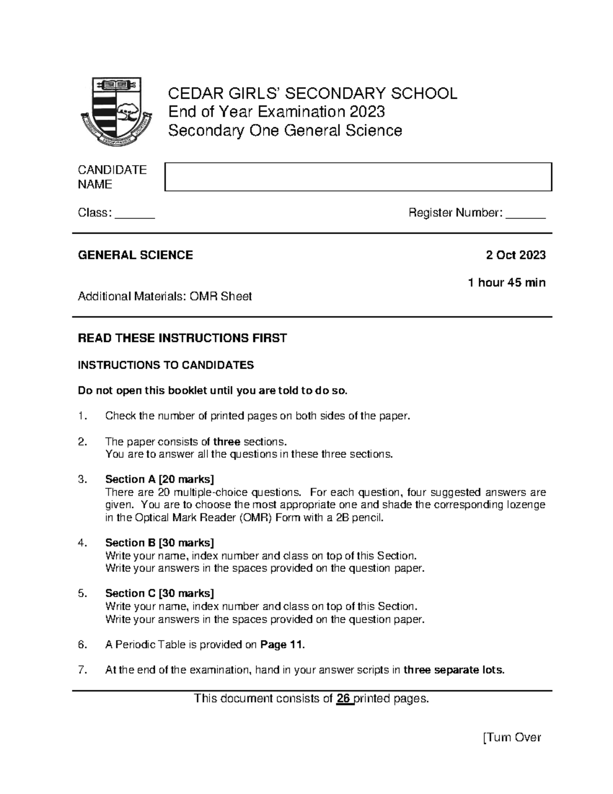 YI EOY Science 2023 O Level Exam Paper for Secondary One - Studocu
