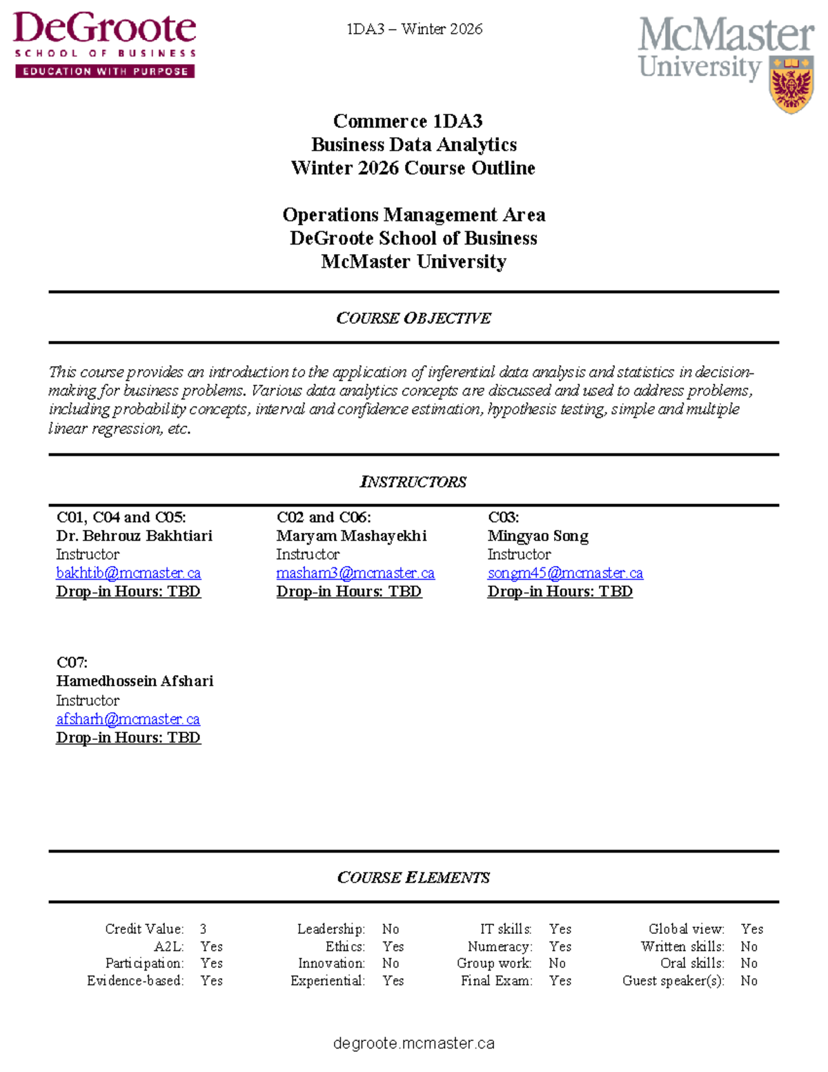Commerce 1DA3 Business Data Analytics Course Outline - Winter 2026 ...