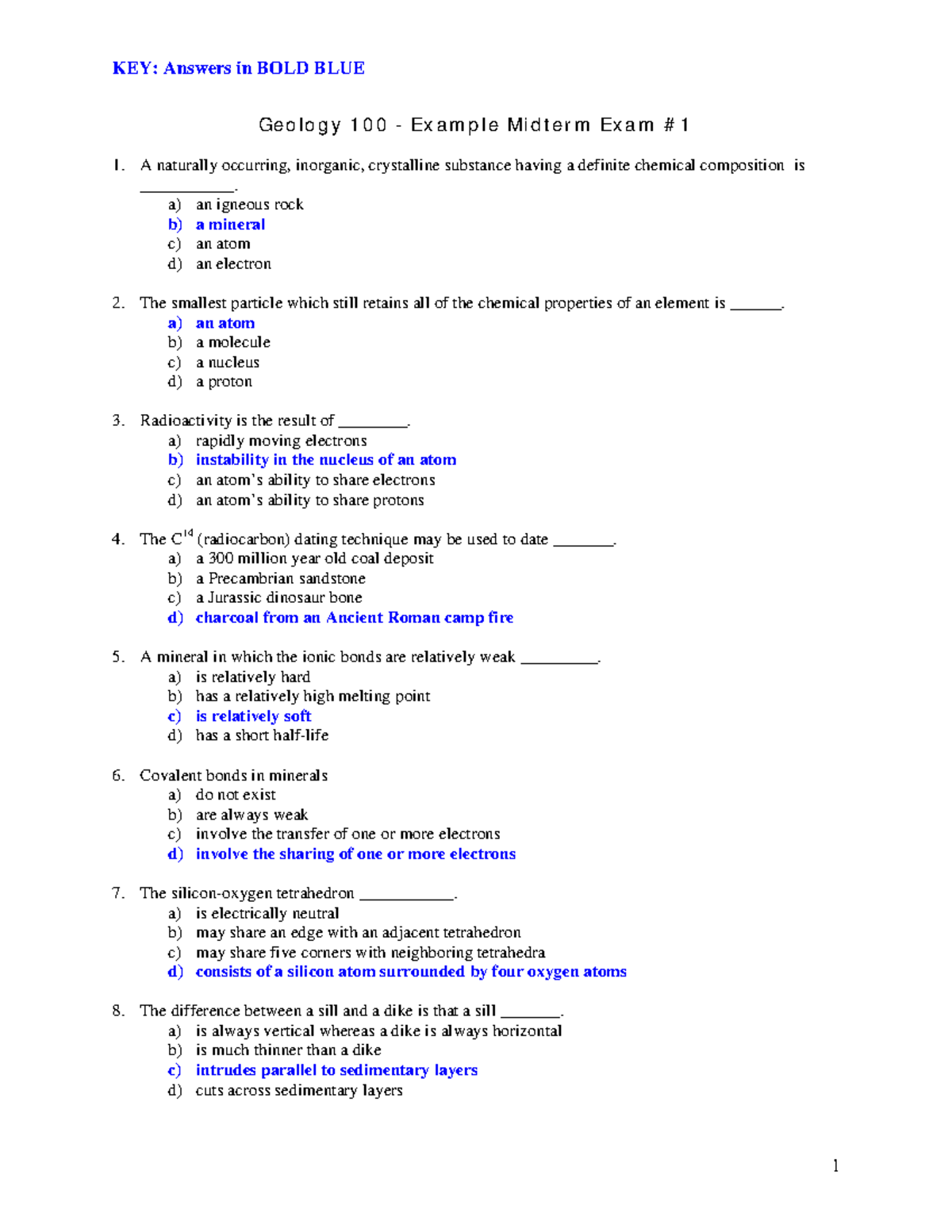 Geology 100 Midterm Exam 1 Key: Answers in BOLD BLUE - Studocu