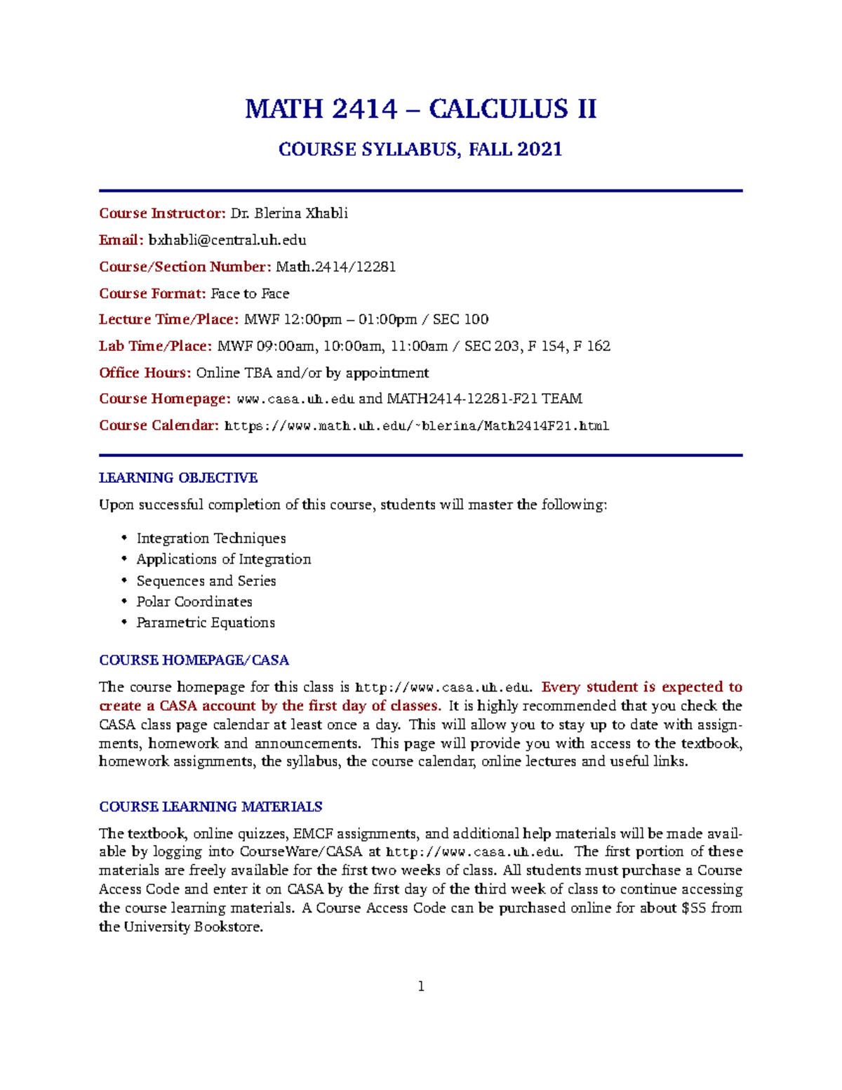 MATH 2414 Calculus II Course Syllabus - Fall 2021 - Studocu