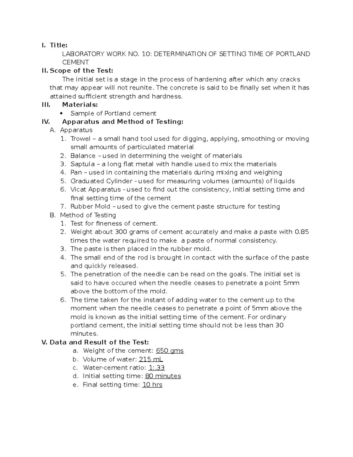CMT - Lab. Rep. Determintion of setting time of Portland Cement - I ...