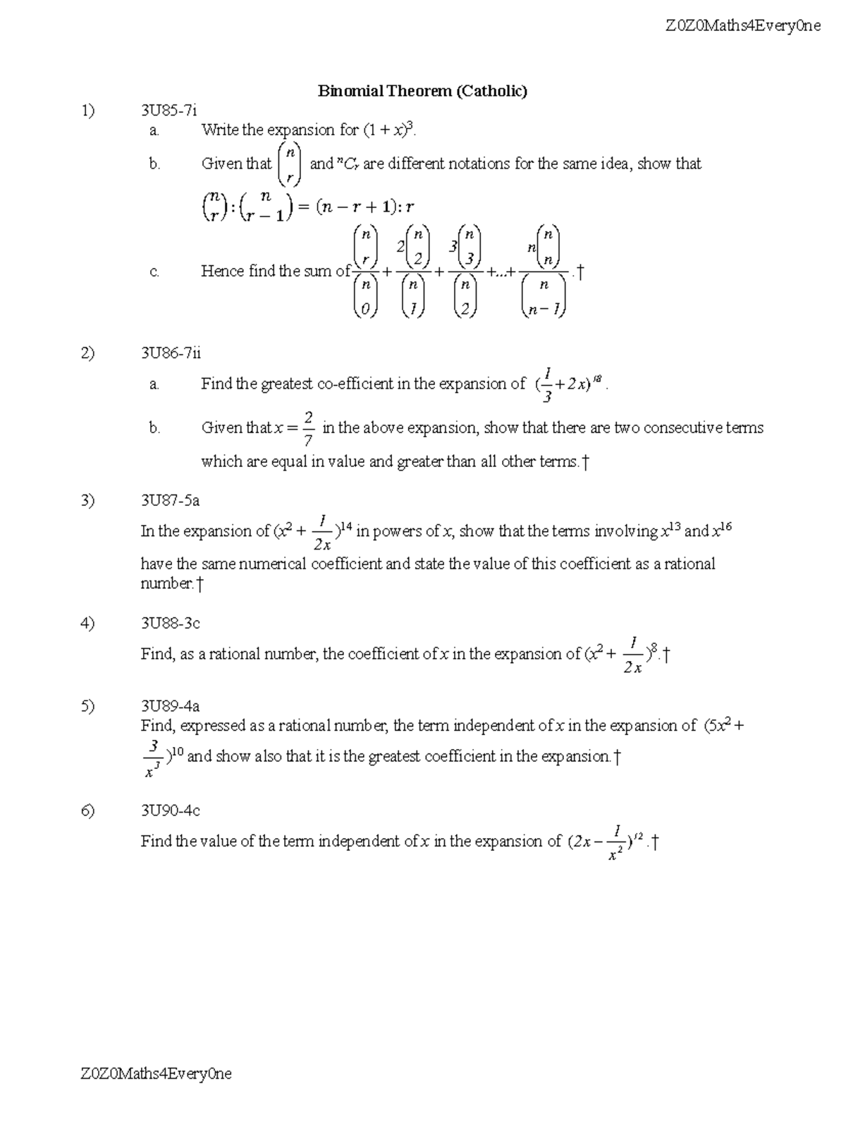 Z0Z0Maths4Every0ne Binomial Theorem Practice Exercises - Studocu