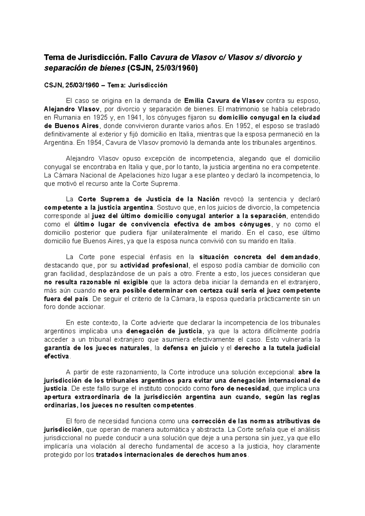 Resumen del Fallo Cavura de Vlasov sobre Jurisdicción (DIPr) - Studocu