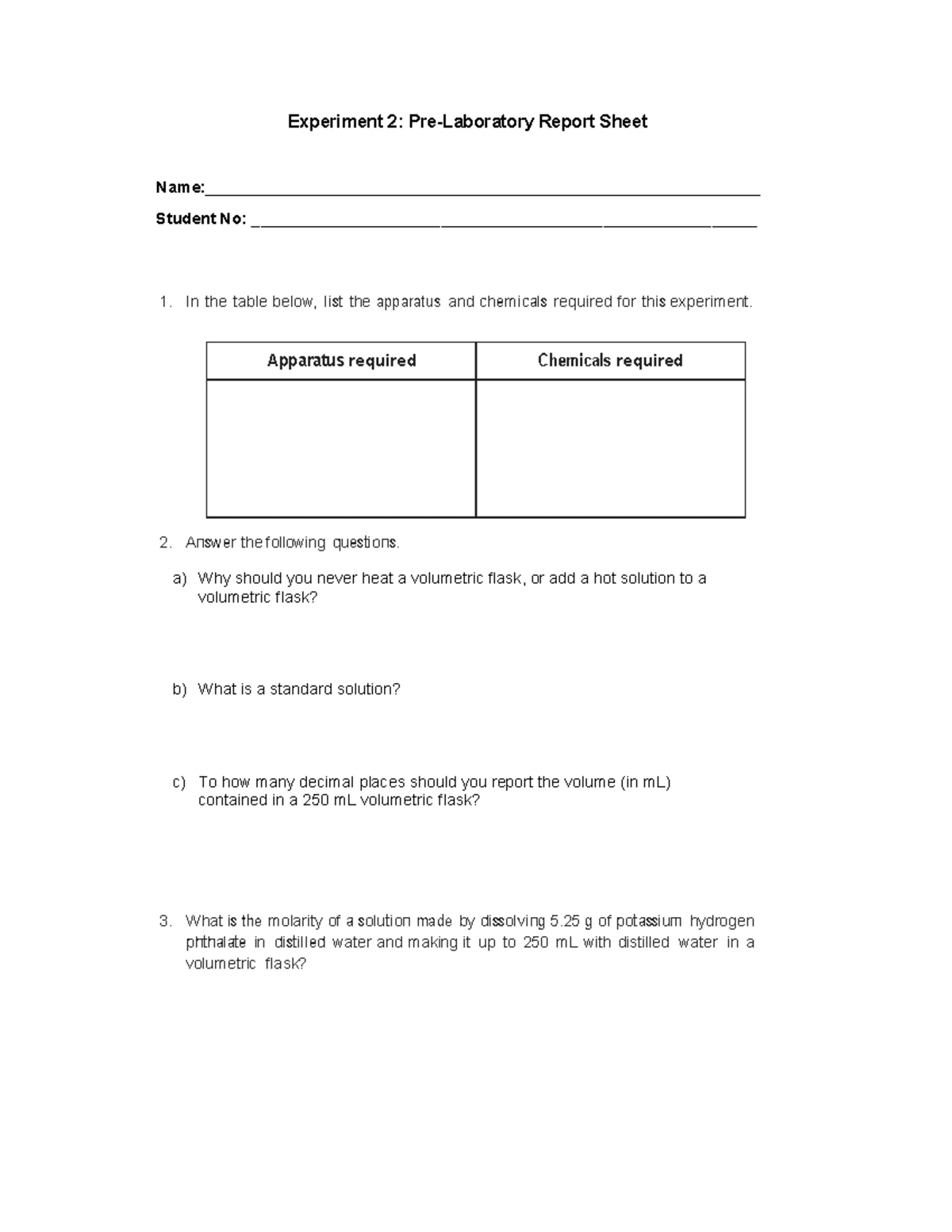 Experiment 2: Pre-Lab Report for Chemistry 101 - Studocu