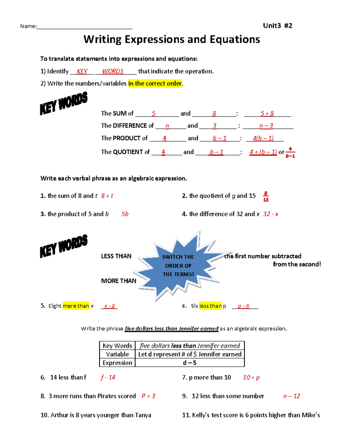 Unit 3 Writing Expressions & Equations KEY Guide - Studocu