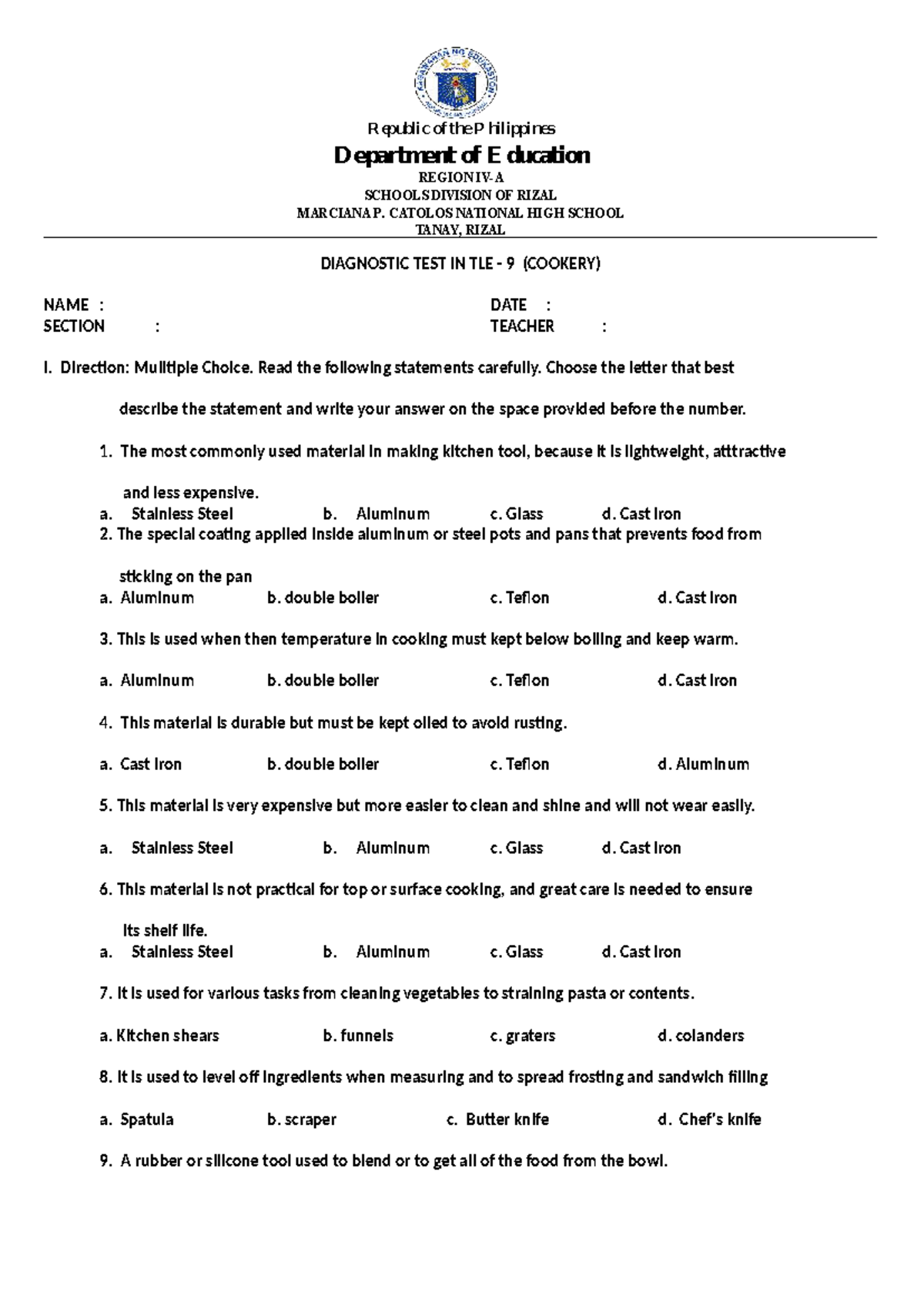 Diagnostic Test in TLE 9 (Cookery) - Key Concepts and Answers - Studocu