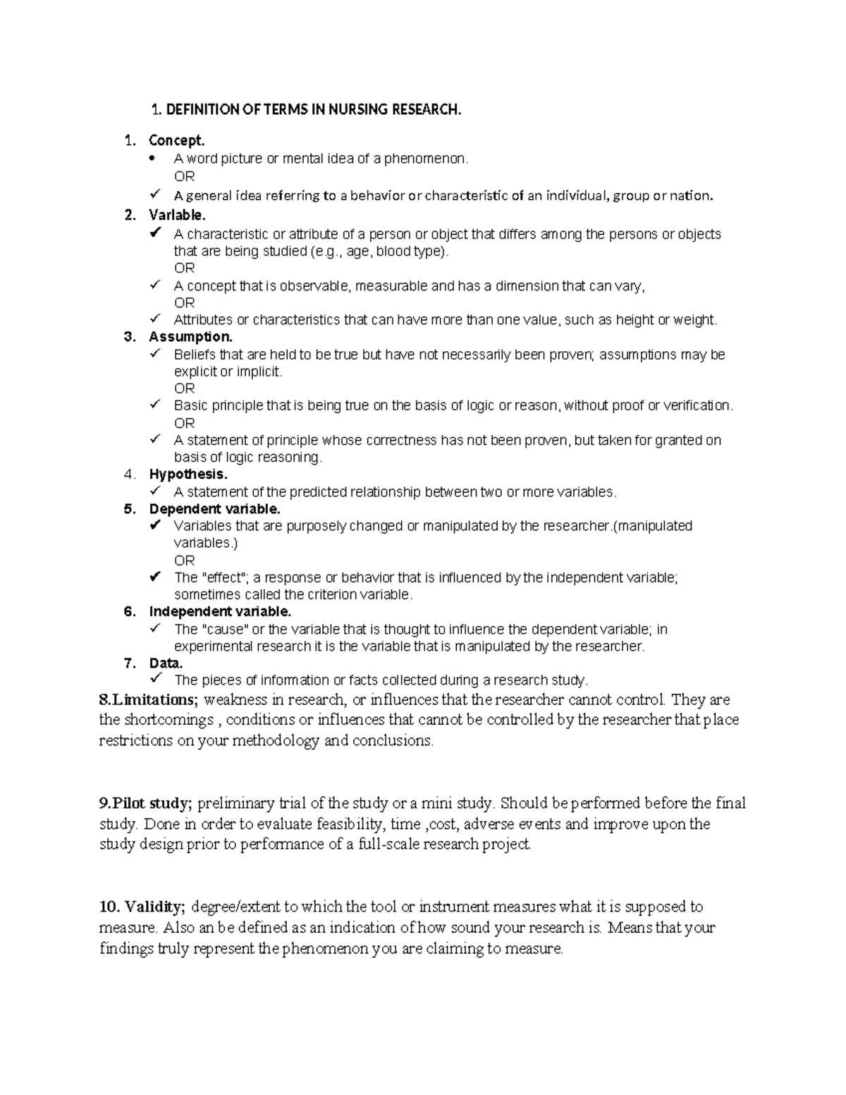NUR 101: Key Terms and Concepts in Nursing Research Definitions - Studocu