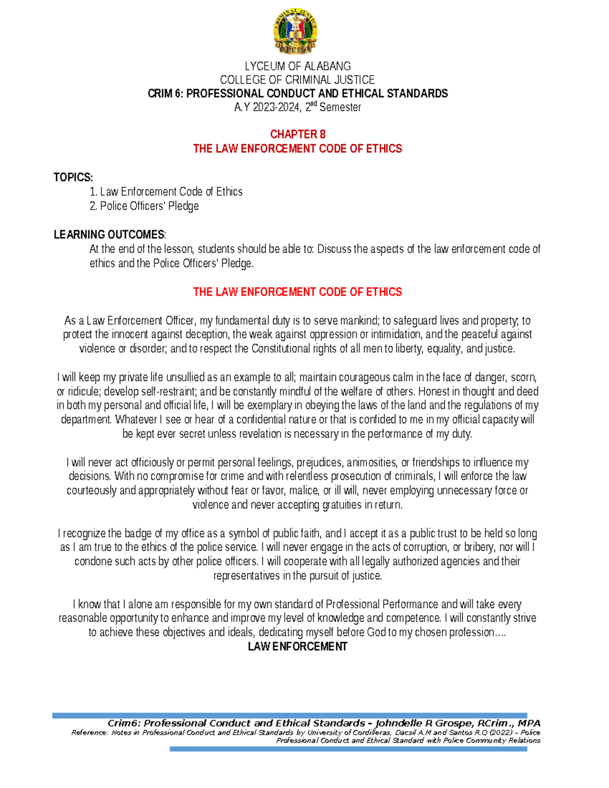 CRIM6 Chapter 8 Law Enforcement Code of Ethics and Responsibilities ...