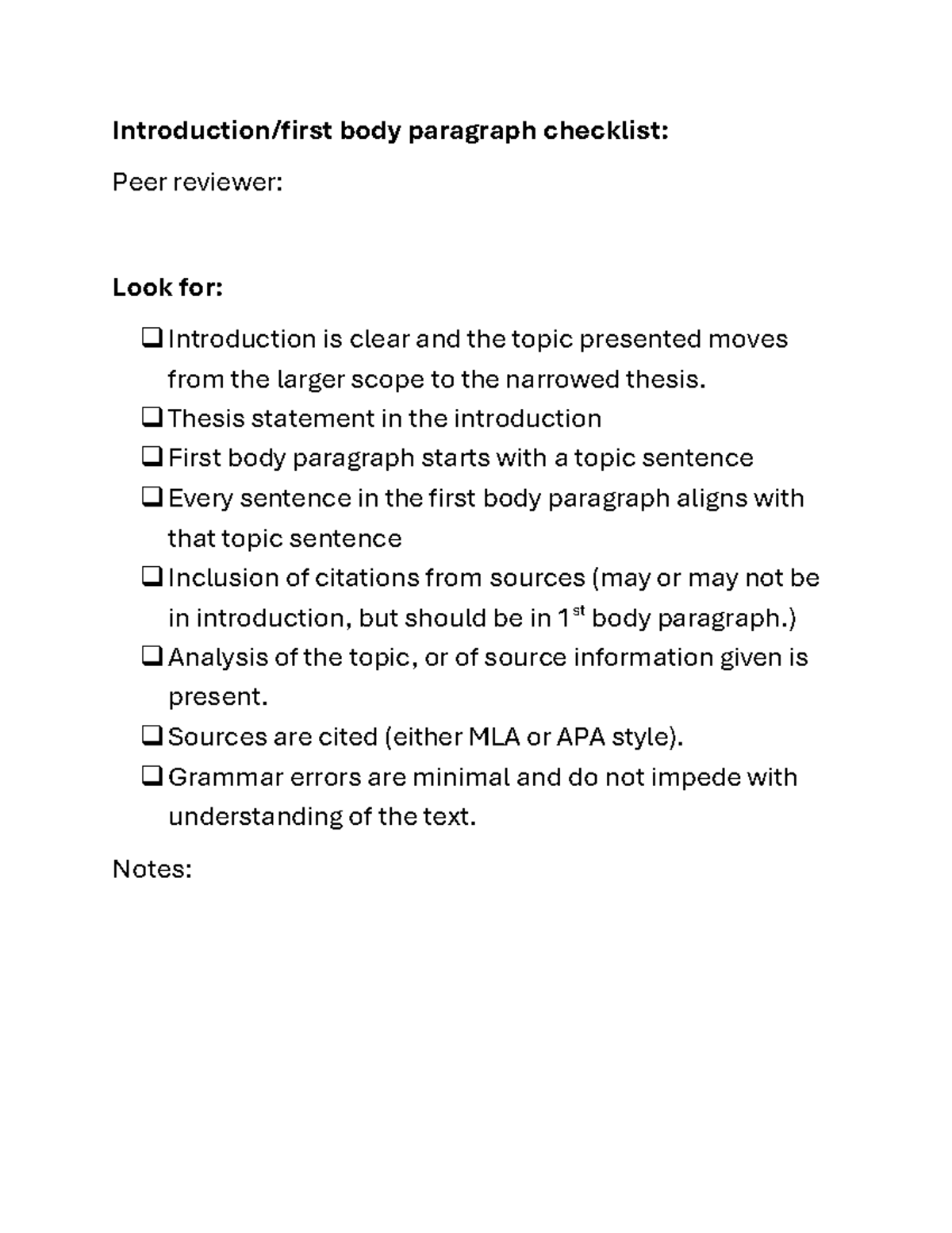 Peer Review Checklist: Intro & 1st Body Paragraphs - Studocu