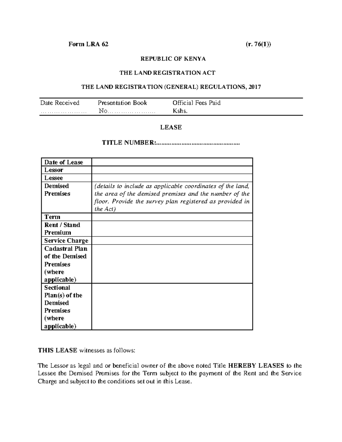 Registrable Lease Form LRA 62 under The Land Registration Act - Studocu