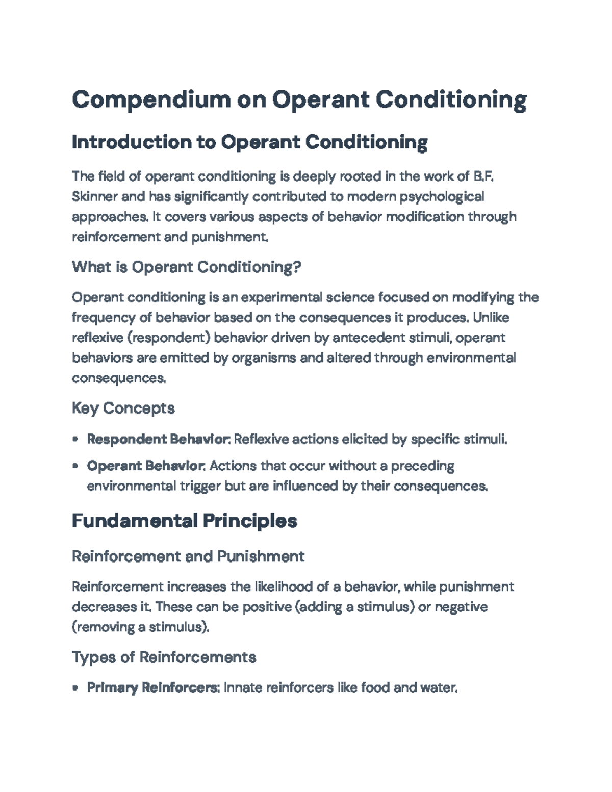 Compendium on Operant Conditioning: Concepts, Principles, and ...