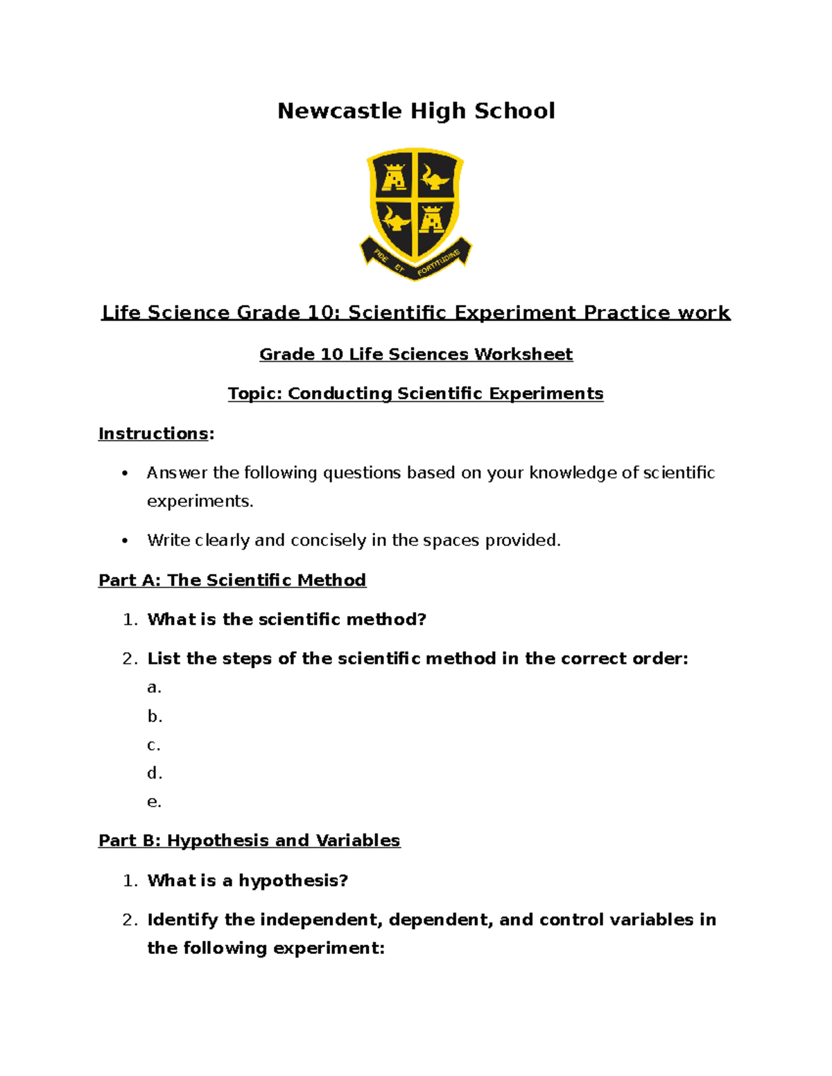 Grade 10 Life Science 1.1 Worksheet: Scientific Experiments Practice ...