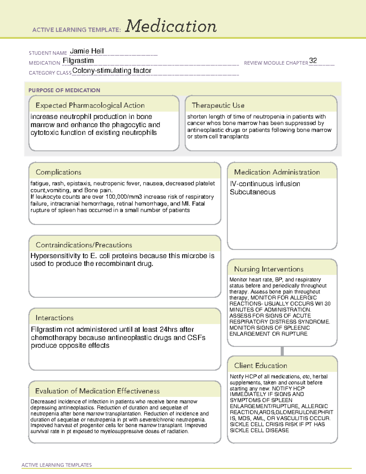 Filgrastim (Medication Card) - Active Learning Template Overview - Studocu