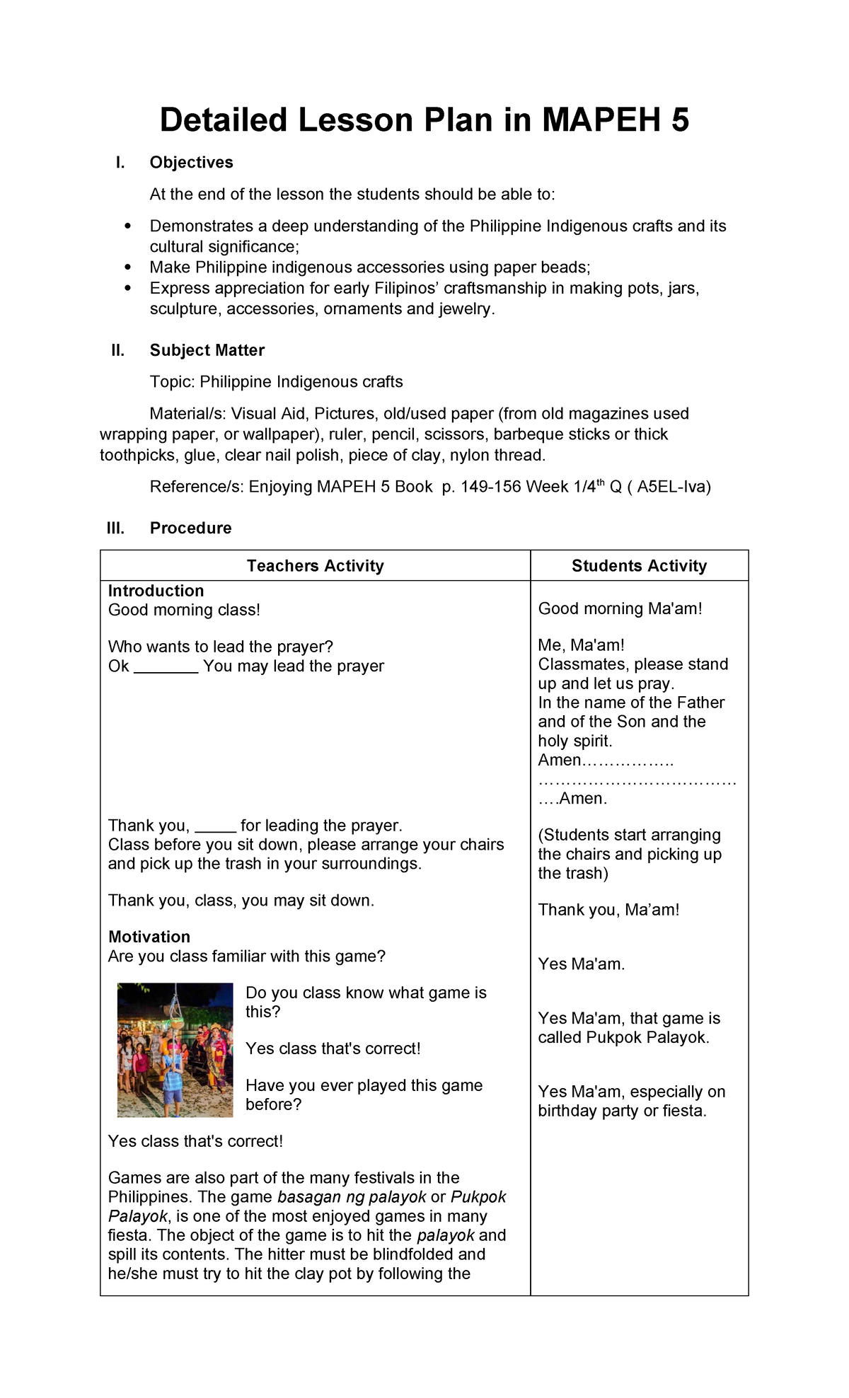 DLP: Detailed Lesson Plan on Philippine Indigenous Crafts (MAPEH 5 ...